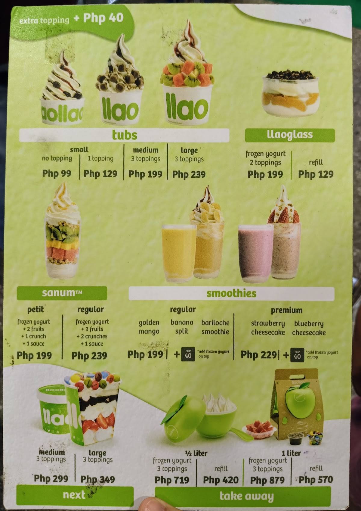 Menu at llaollao SM City Cebu, Cebu City