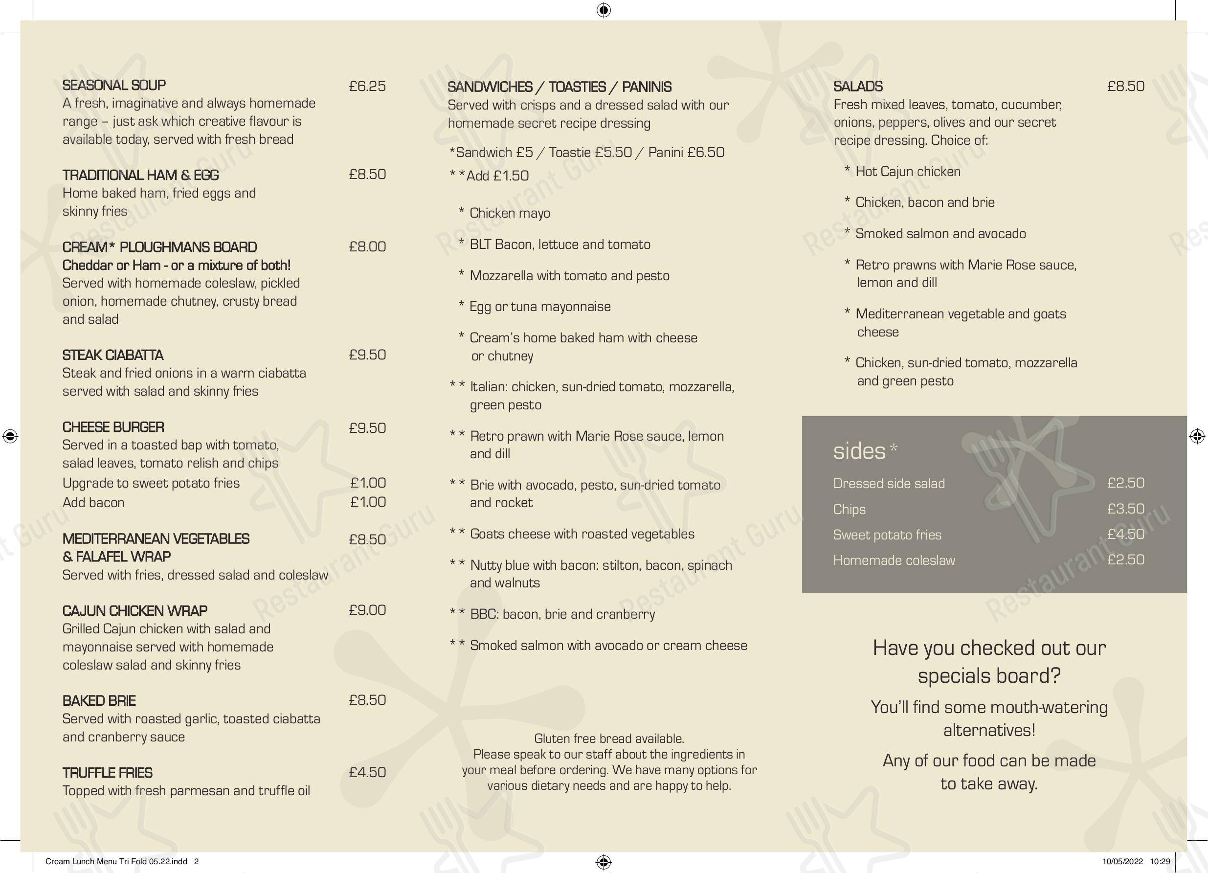 Menu at Cafe Cream, Minehead