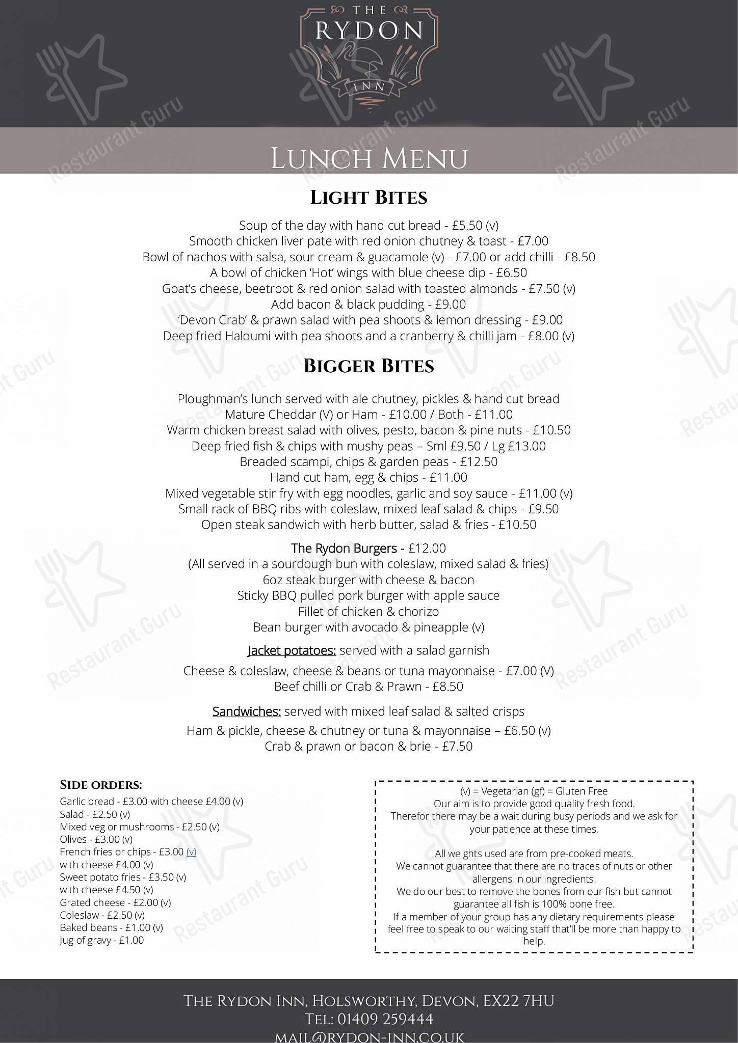 Menu at The Rydon Inn restaurant, Holsworthy