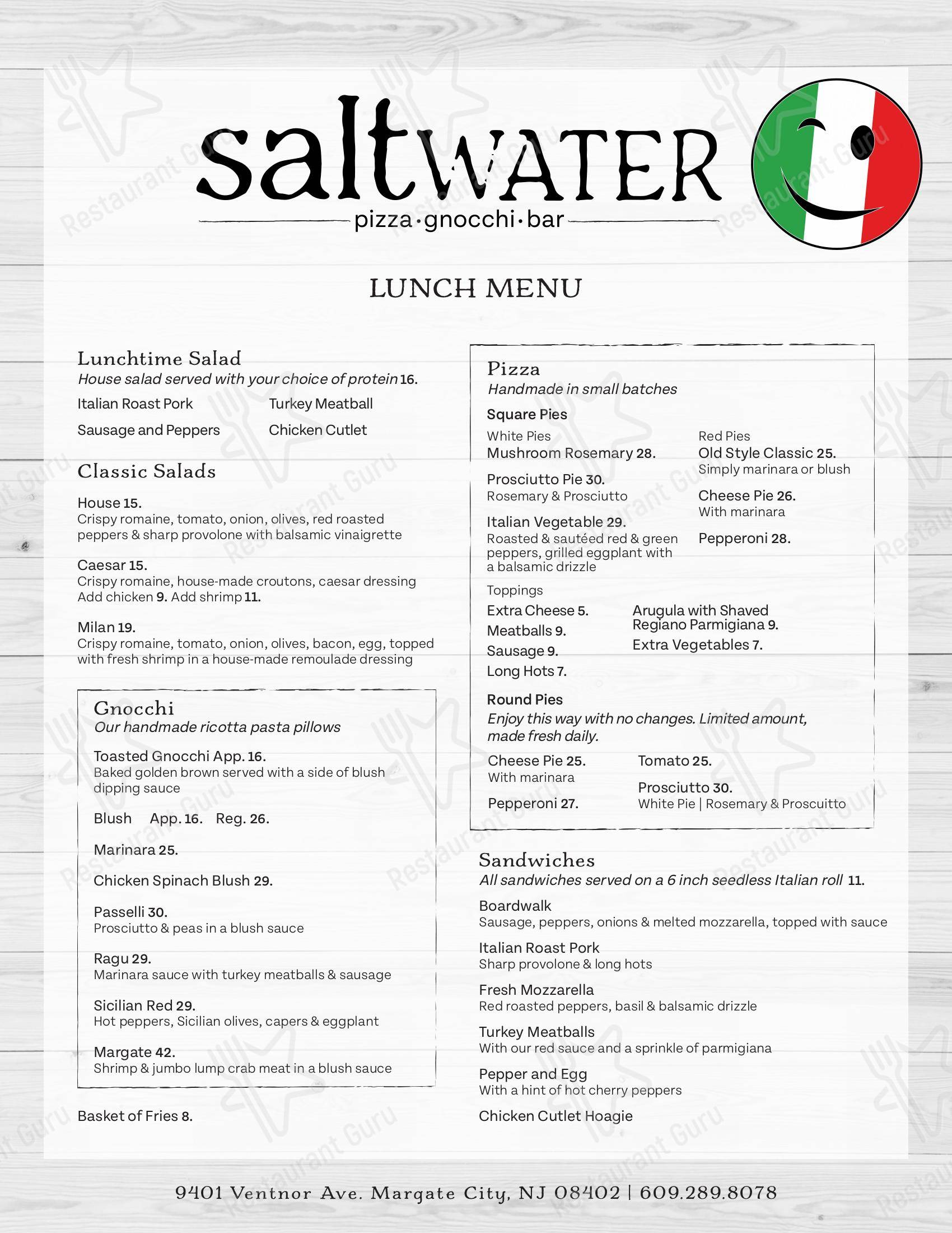 Menu at Saltwater pizzeria, Margate City