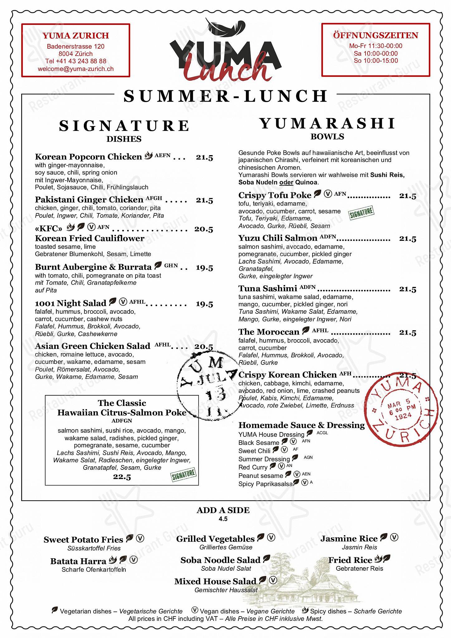 Menu au Yuma, Zürich