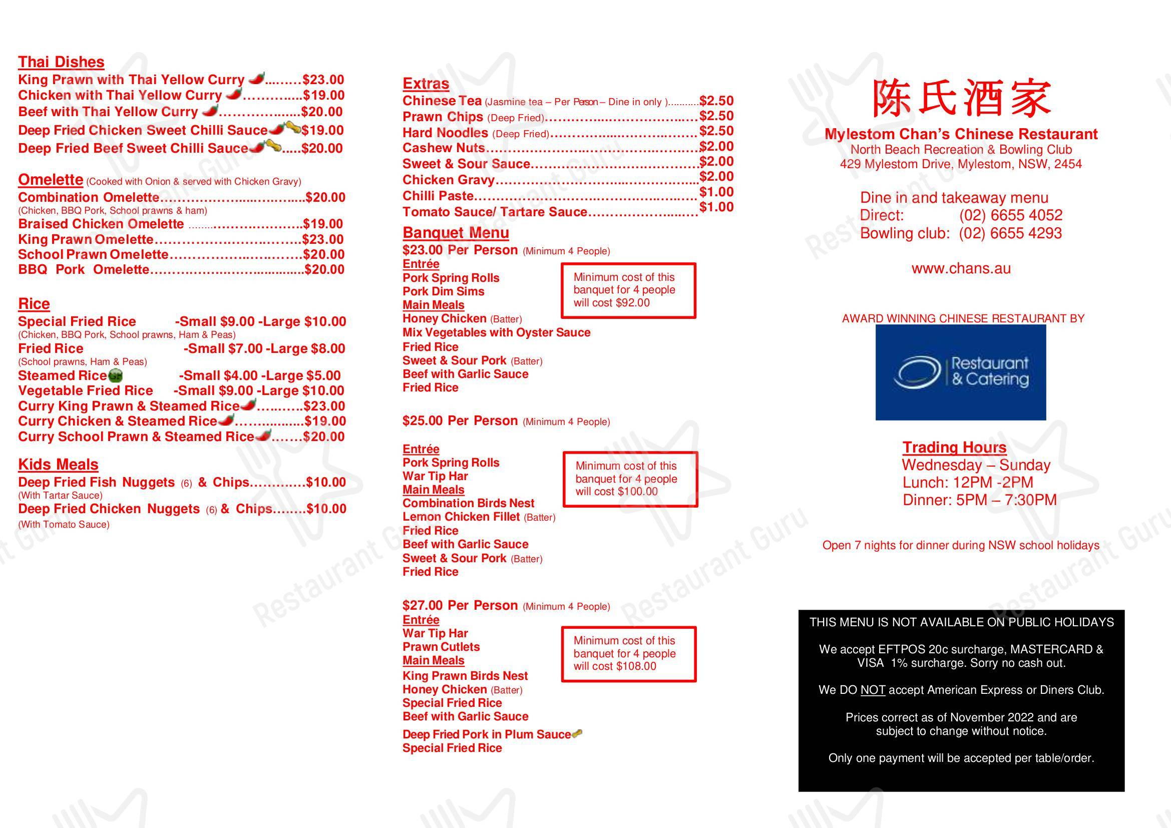 Menu at Chan's Chinese Restaurant Mylestom, Mylestom