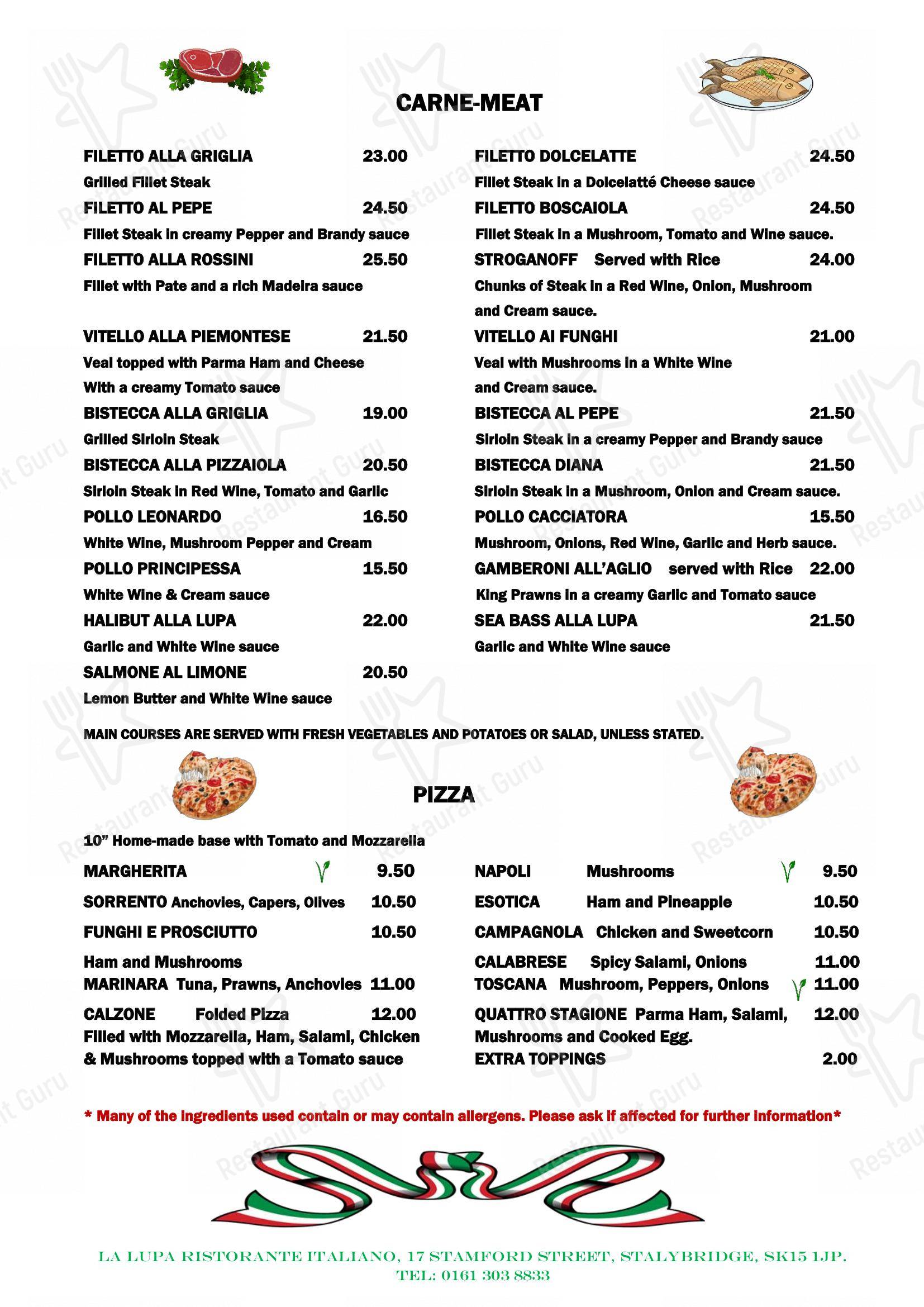 Menu at La Lupa restaurant, Stalybridge