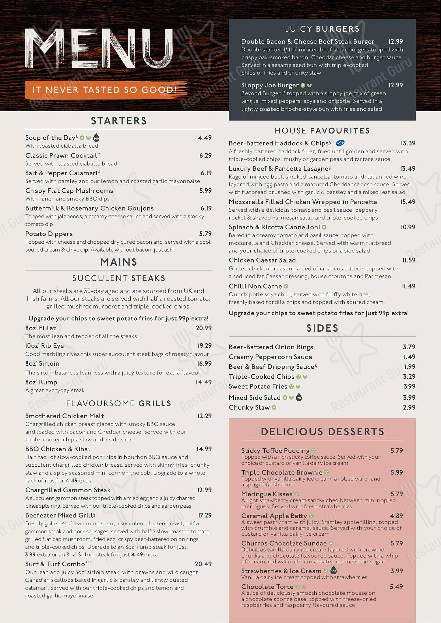 Menu at The Longbow Beefeater steakhouse, Llantrisant