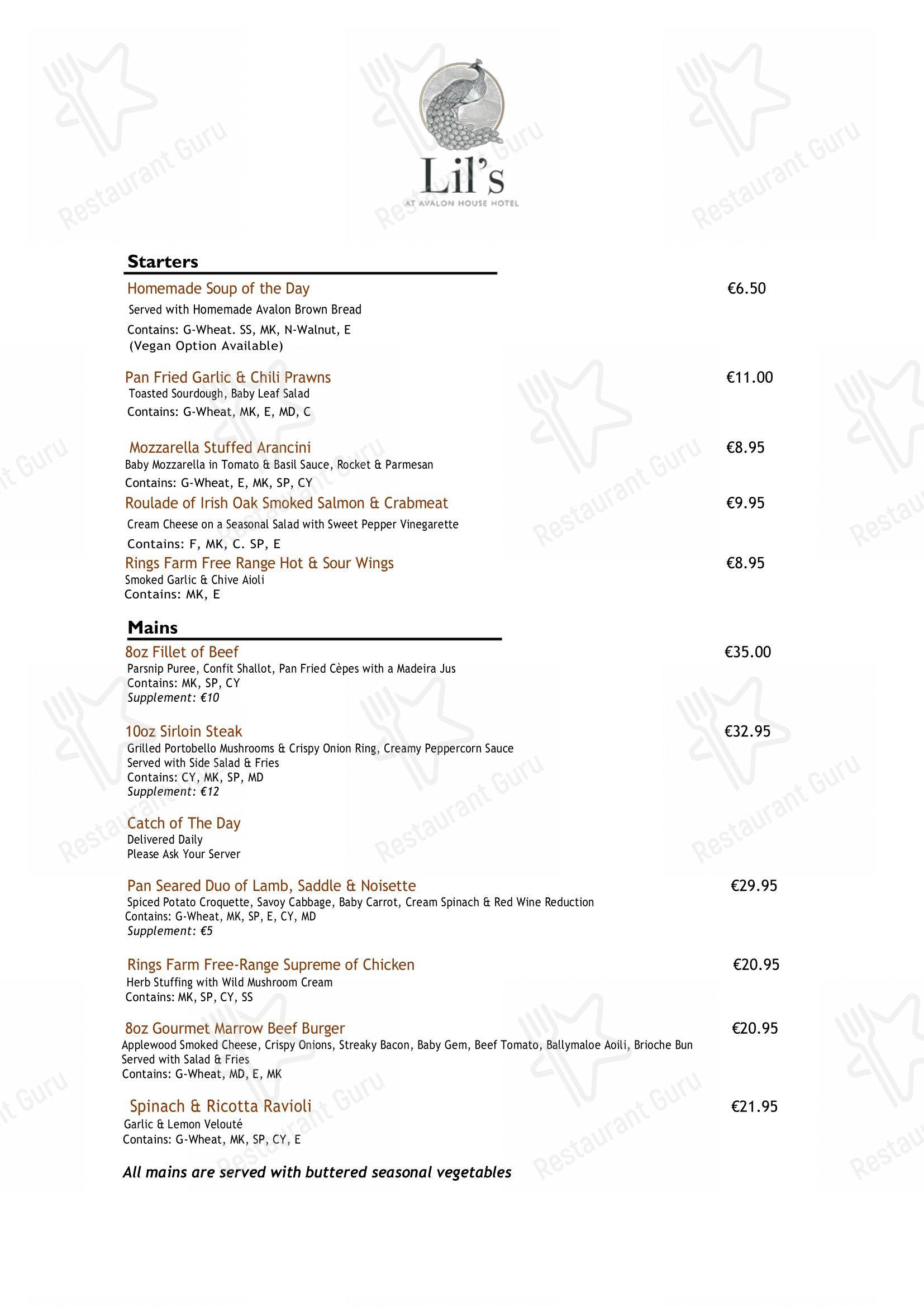 Carta del restaurante Avalon House Hotel, Castlecomer