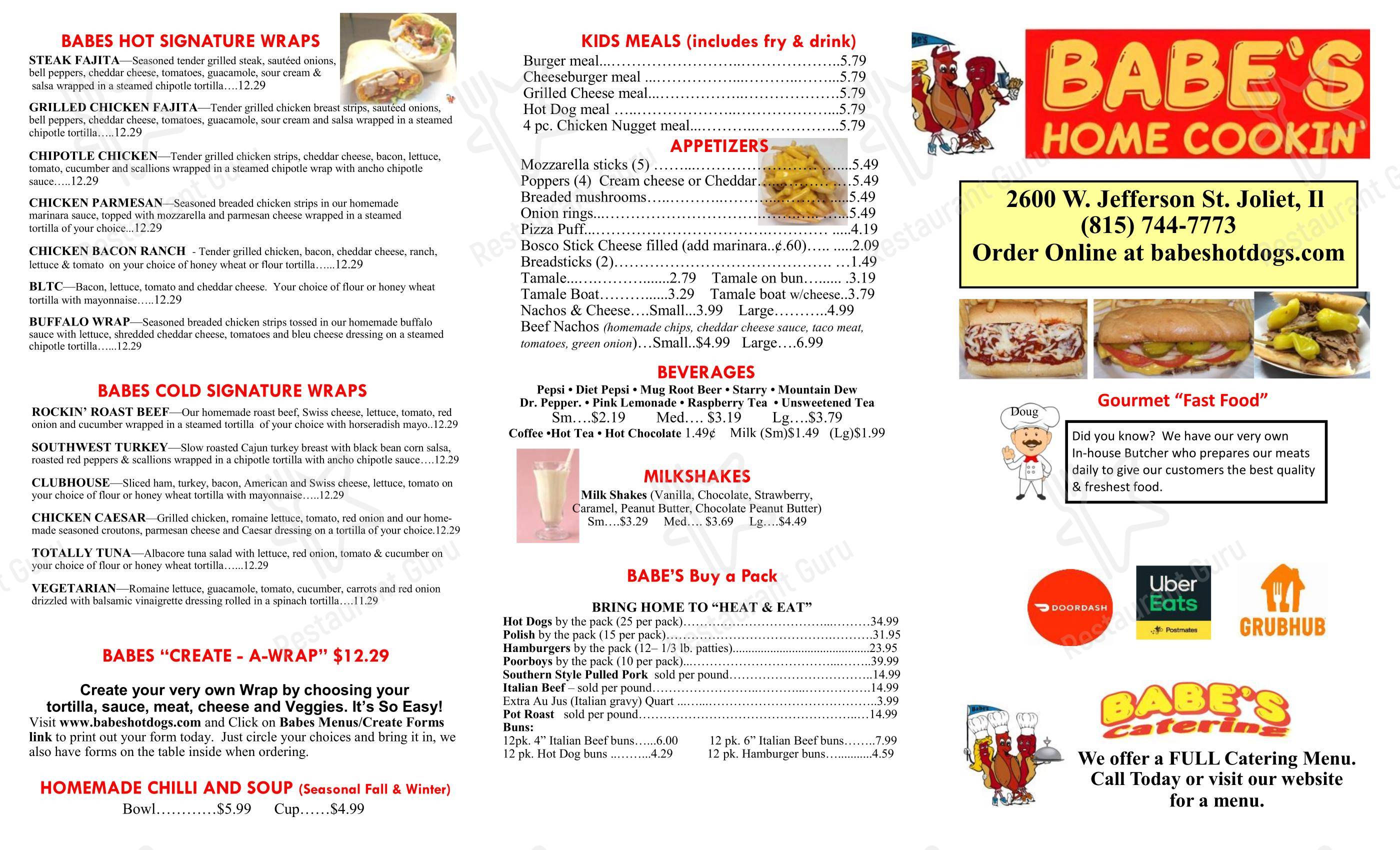 Menu at Babe's restaurant, Joliet, W Jefferson St