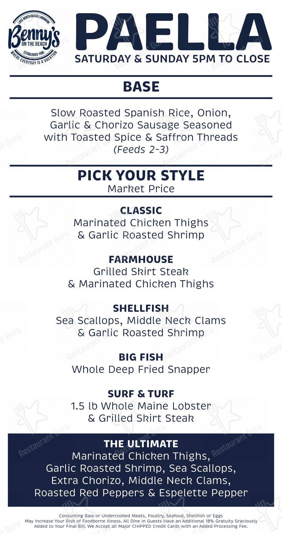 Menu at Benny's On The Beach - Pier pub & bar, Lake Worth