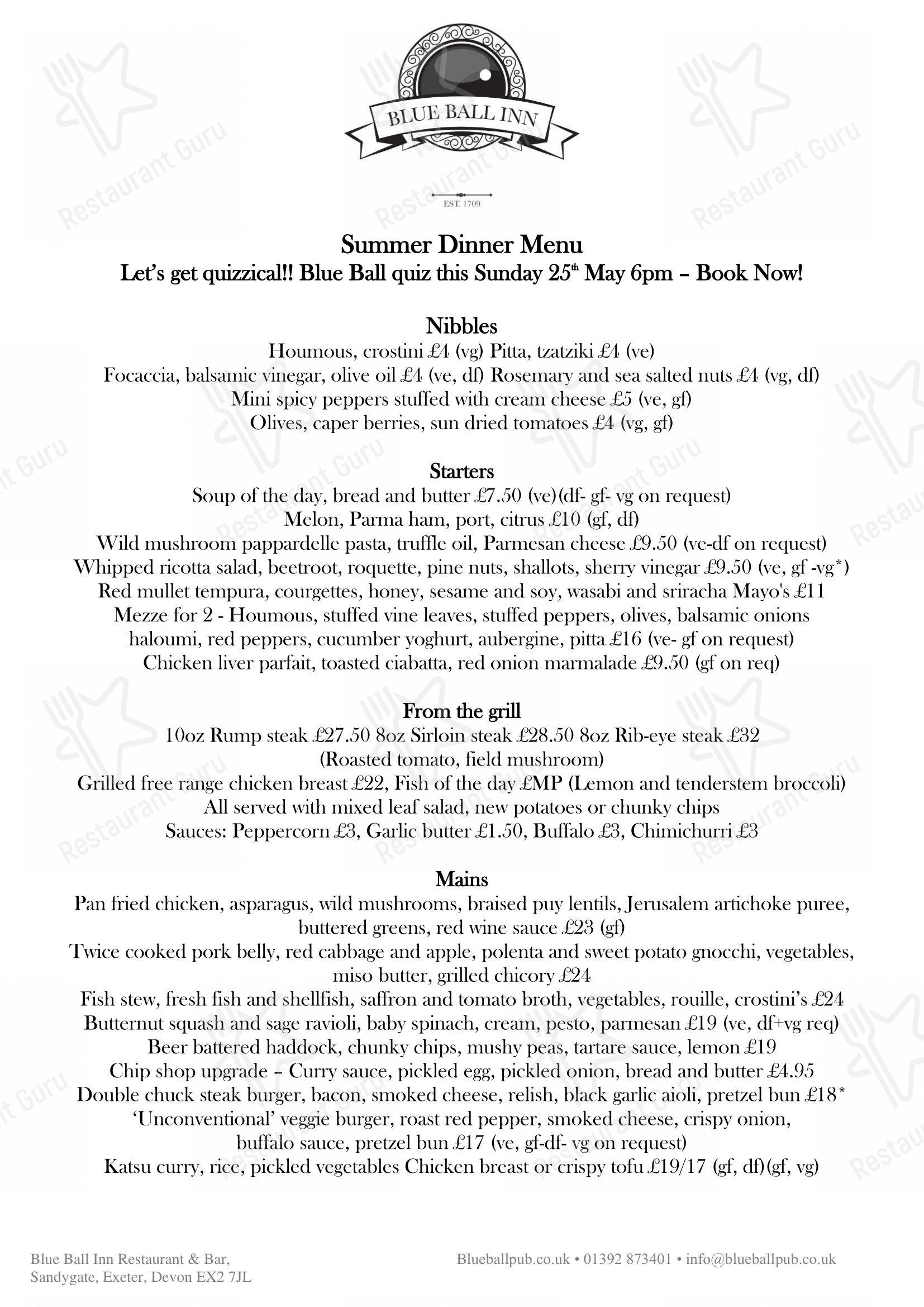 Menu at Blue Ball Inn pub & bar, Exeter