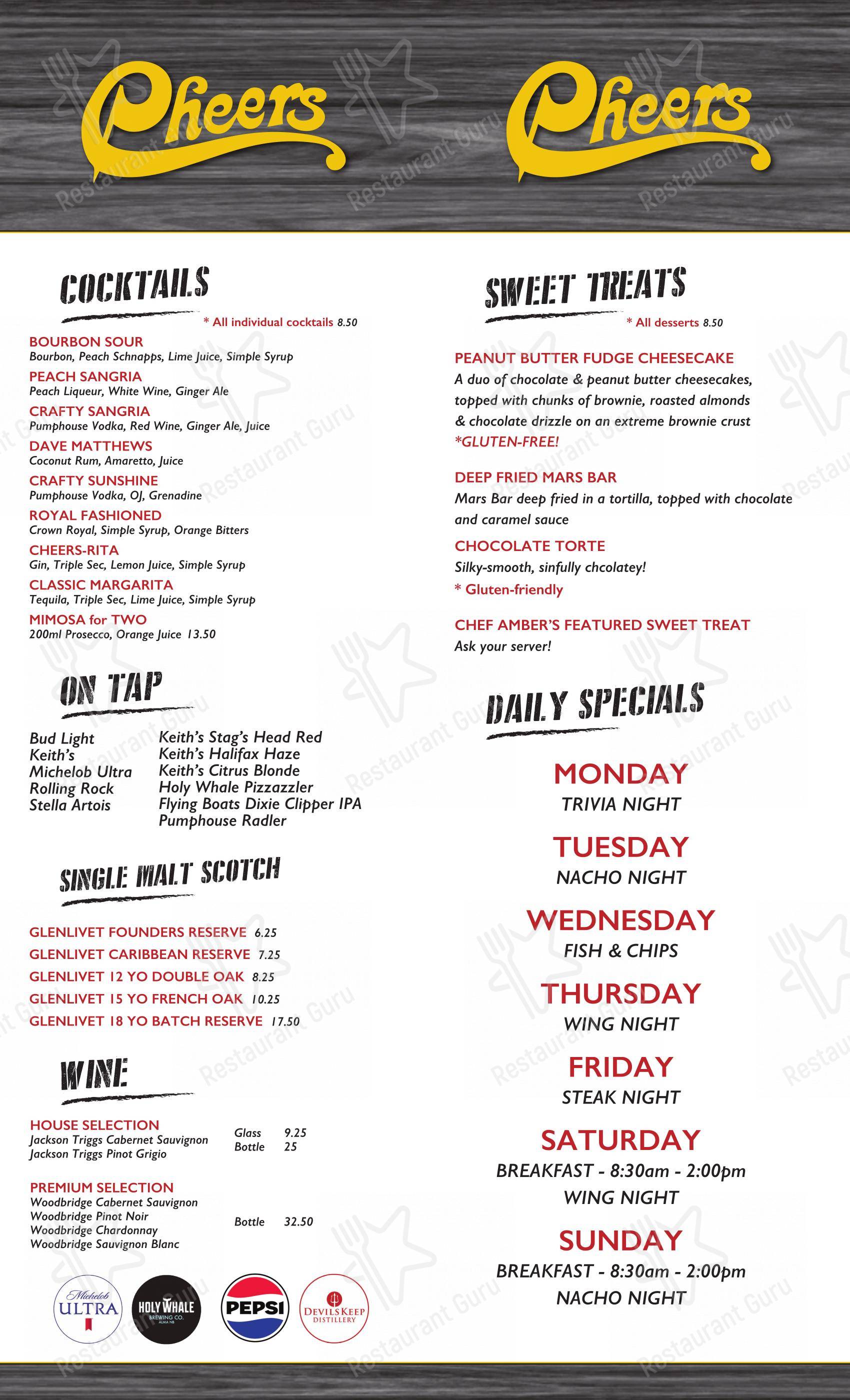 Menu at Cheers Beverage Room & Catering pub & bar, Moncton