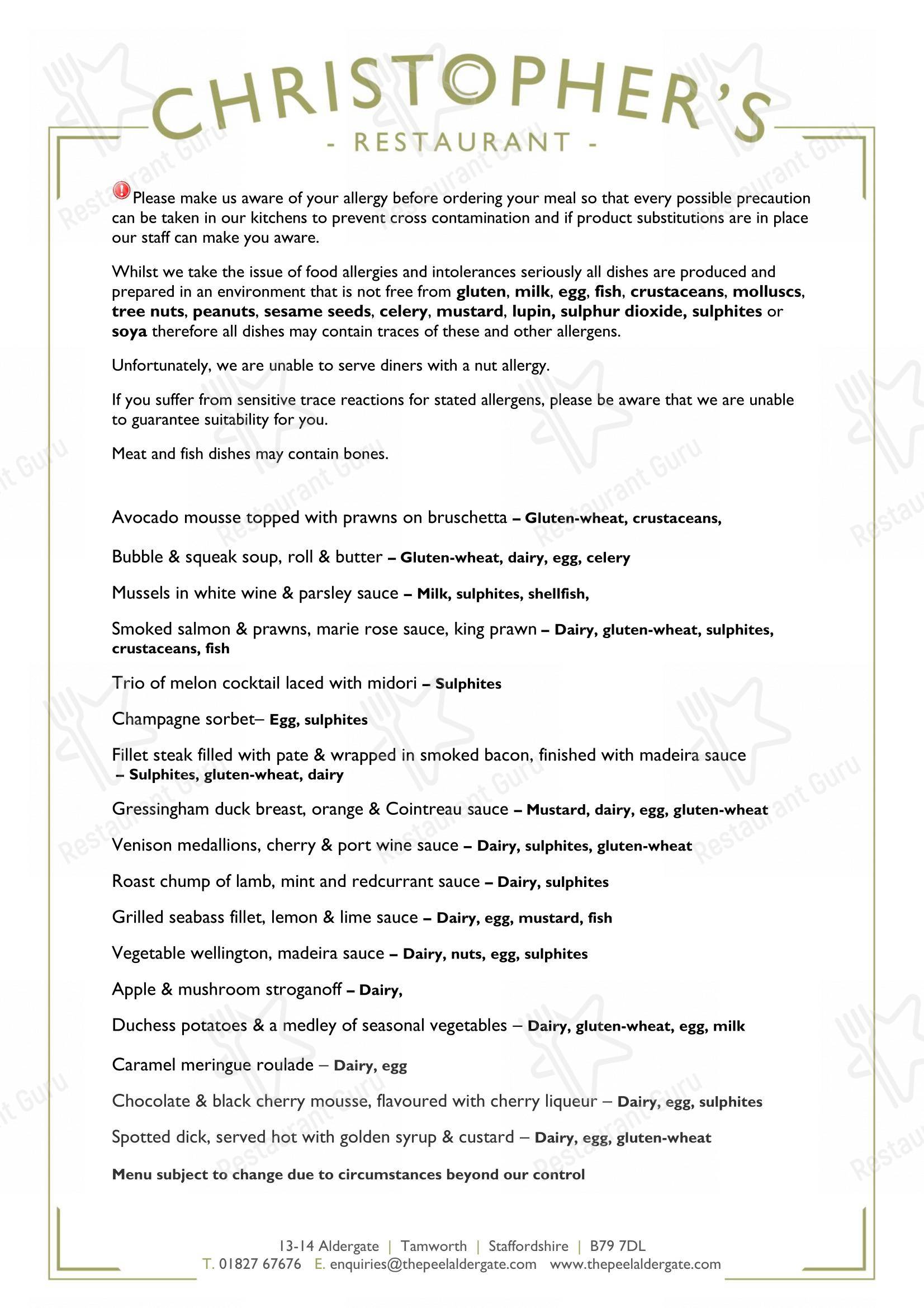 Menu at Christopher's British Bistro - Restaurant, Tamworth