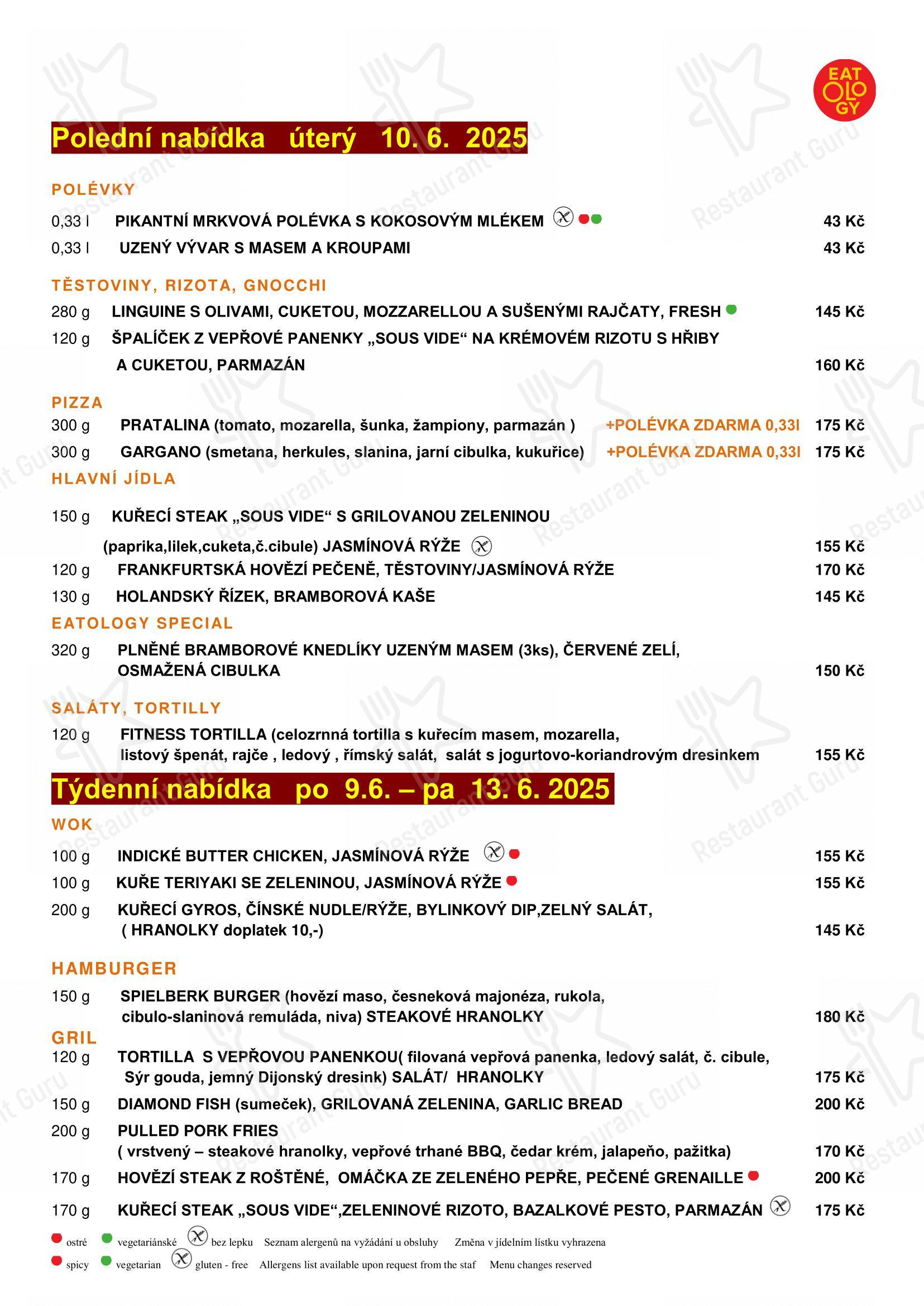 Menu at Eatology restaurant, Brno