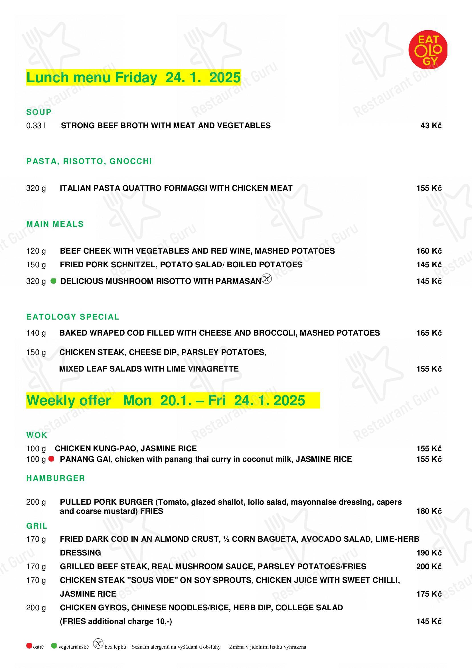 Menu at Eatology restaurant, Brno