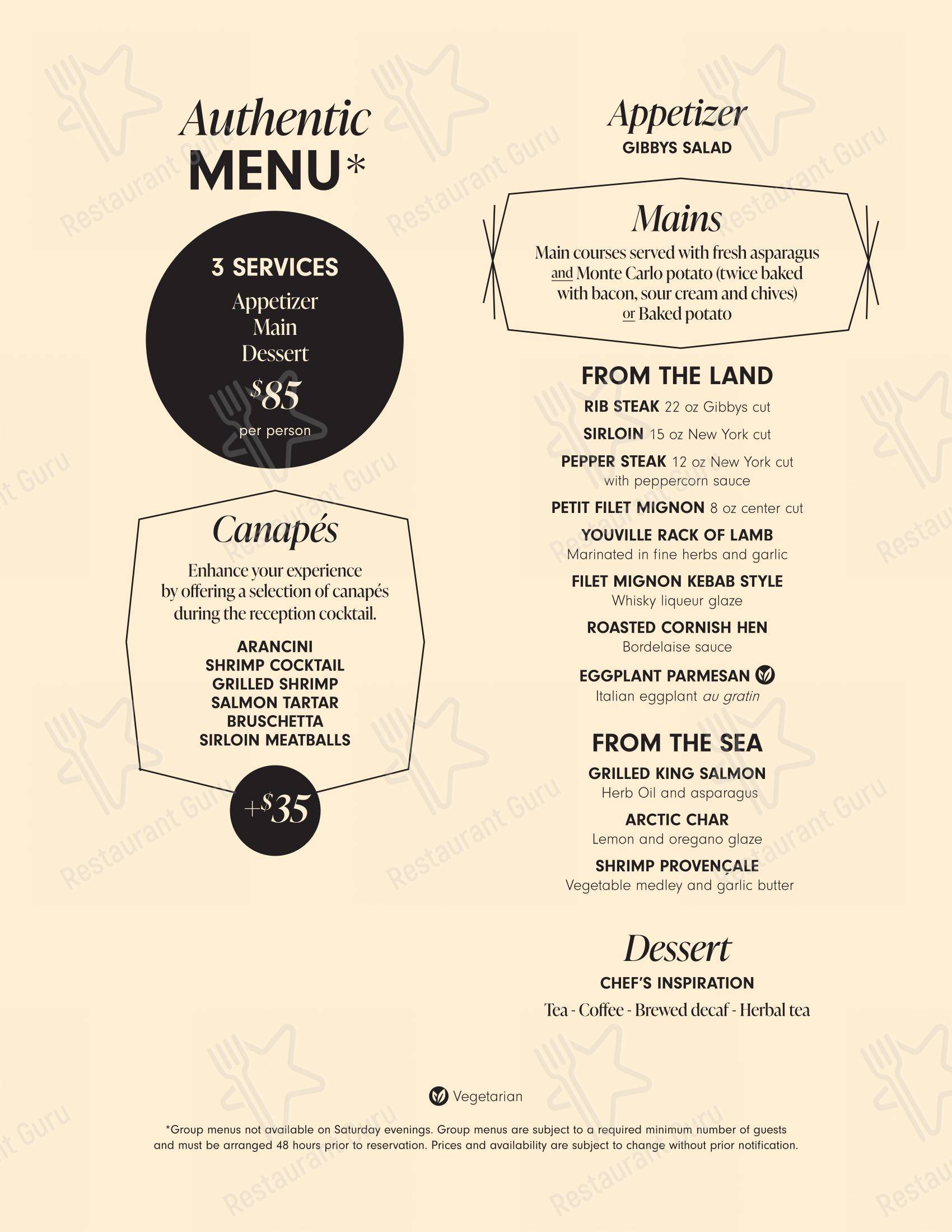Menu at Gibbys steakhouse, Montréal