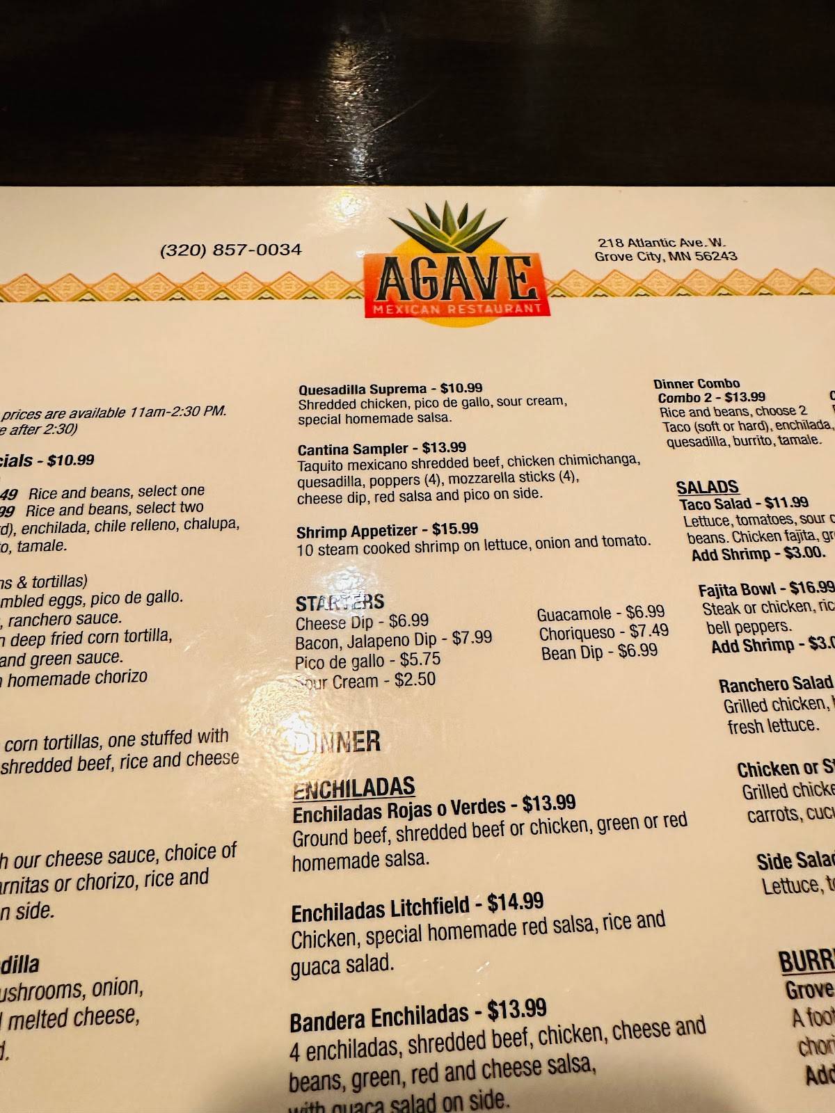 Menu at Agave Mexican cantina pub & bar, Grove City