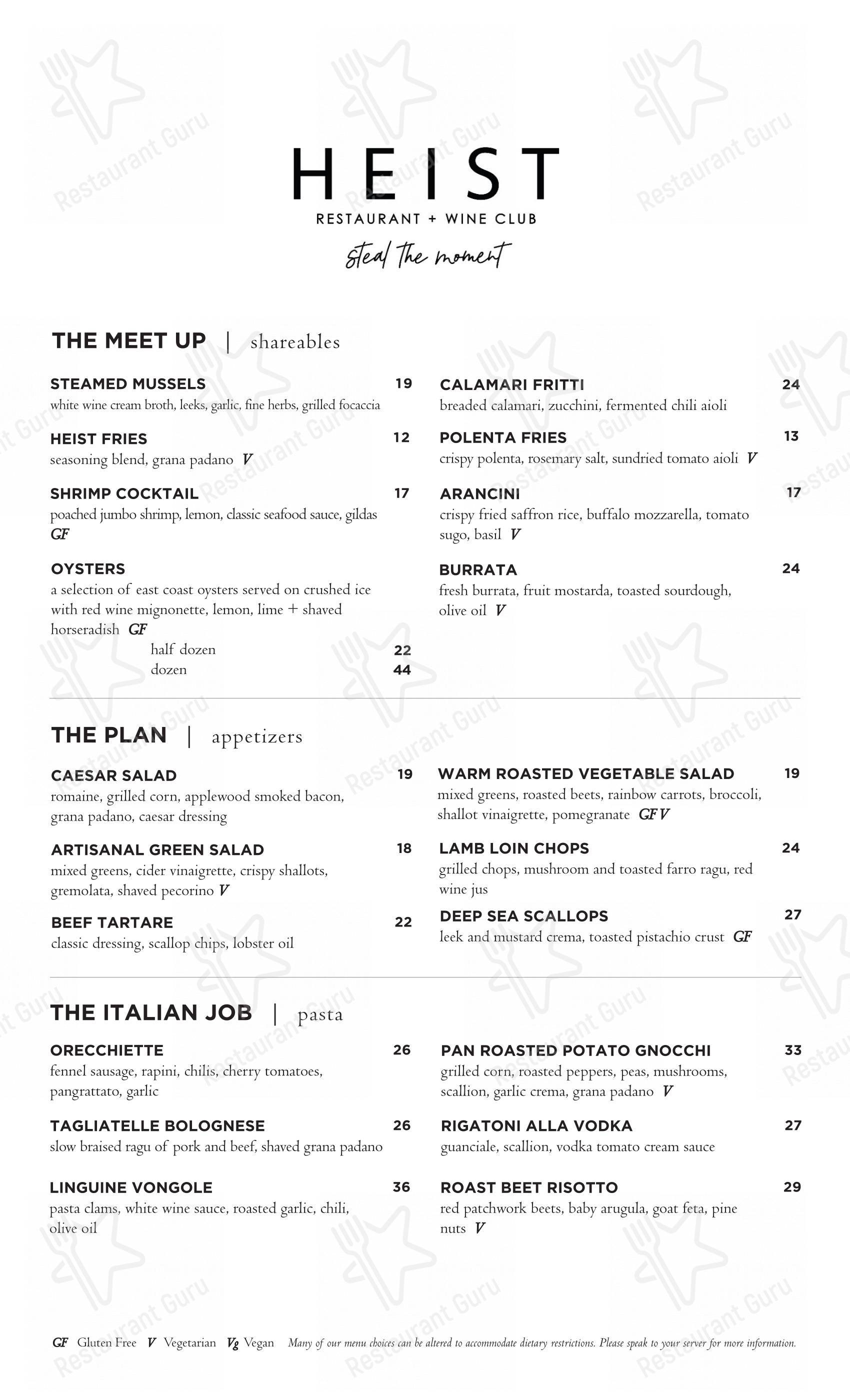 Menu at HEIST Restaurant + Wine Club, Kingston