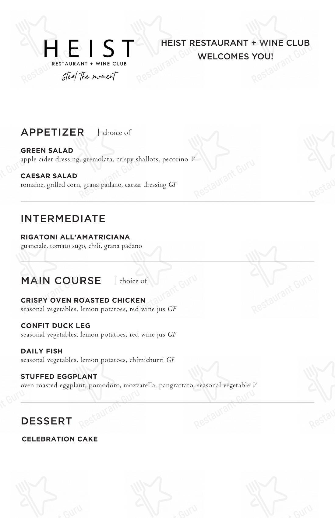 Menu at HEIST Restaurant + Wine Club, Kingston