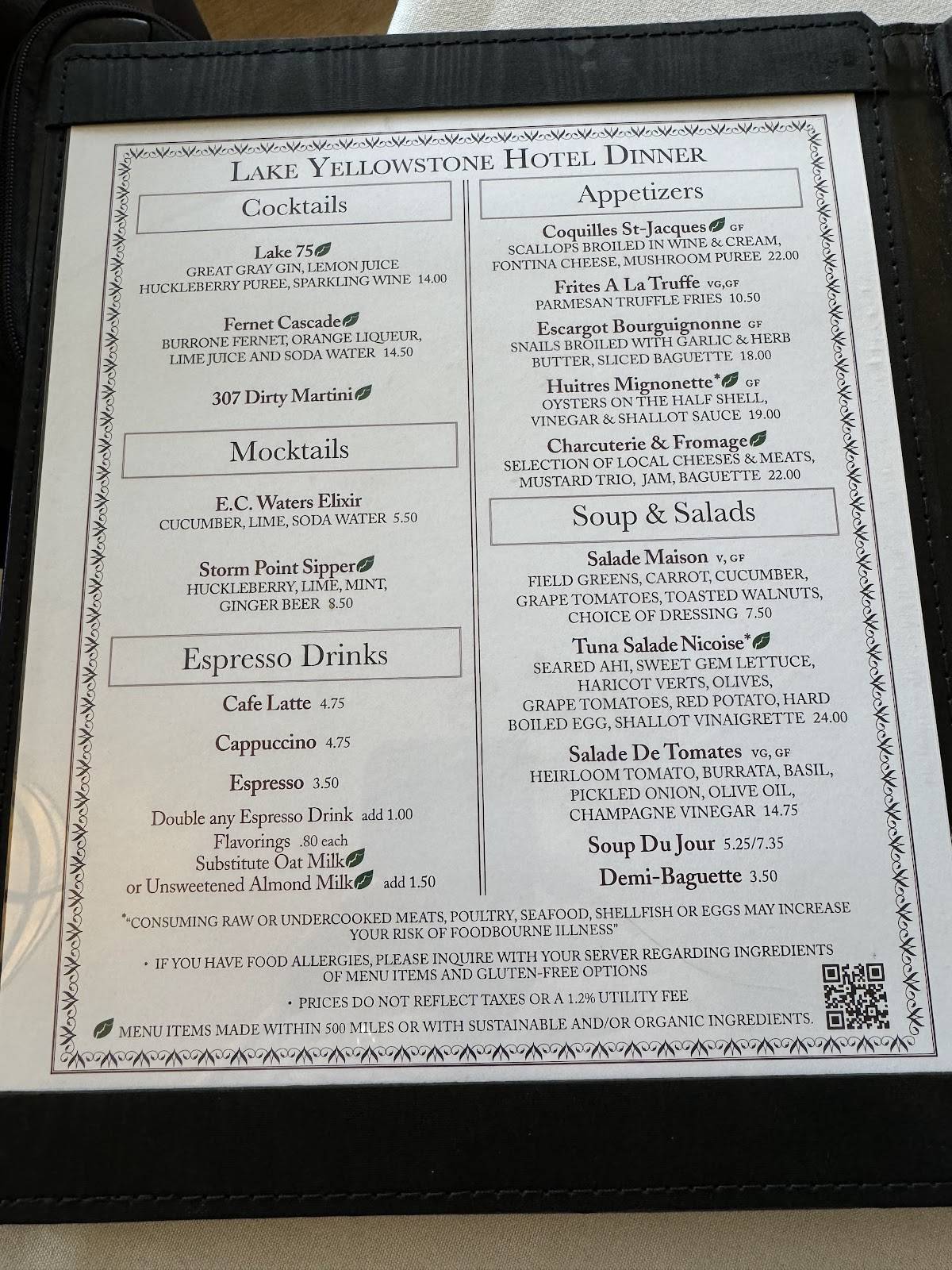 Menu at Lake Yellowstone Hotel Dining Room restaurant, USA, 236 ...