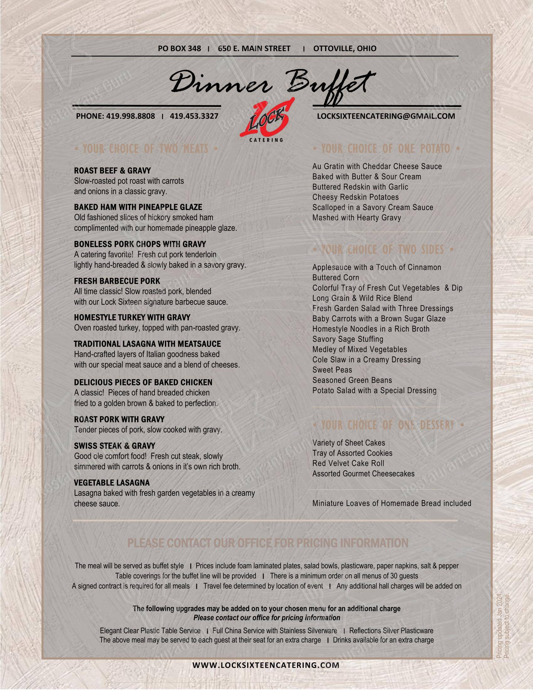 Menu at Lock Sixteen Steakhouse, Lima, 706 N Cable Rd