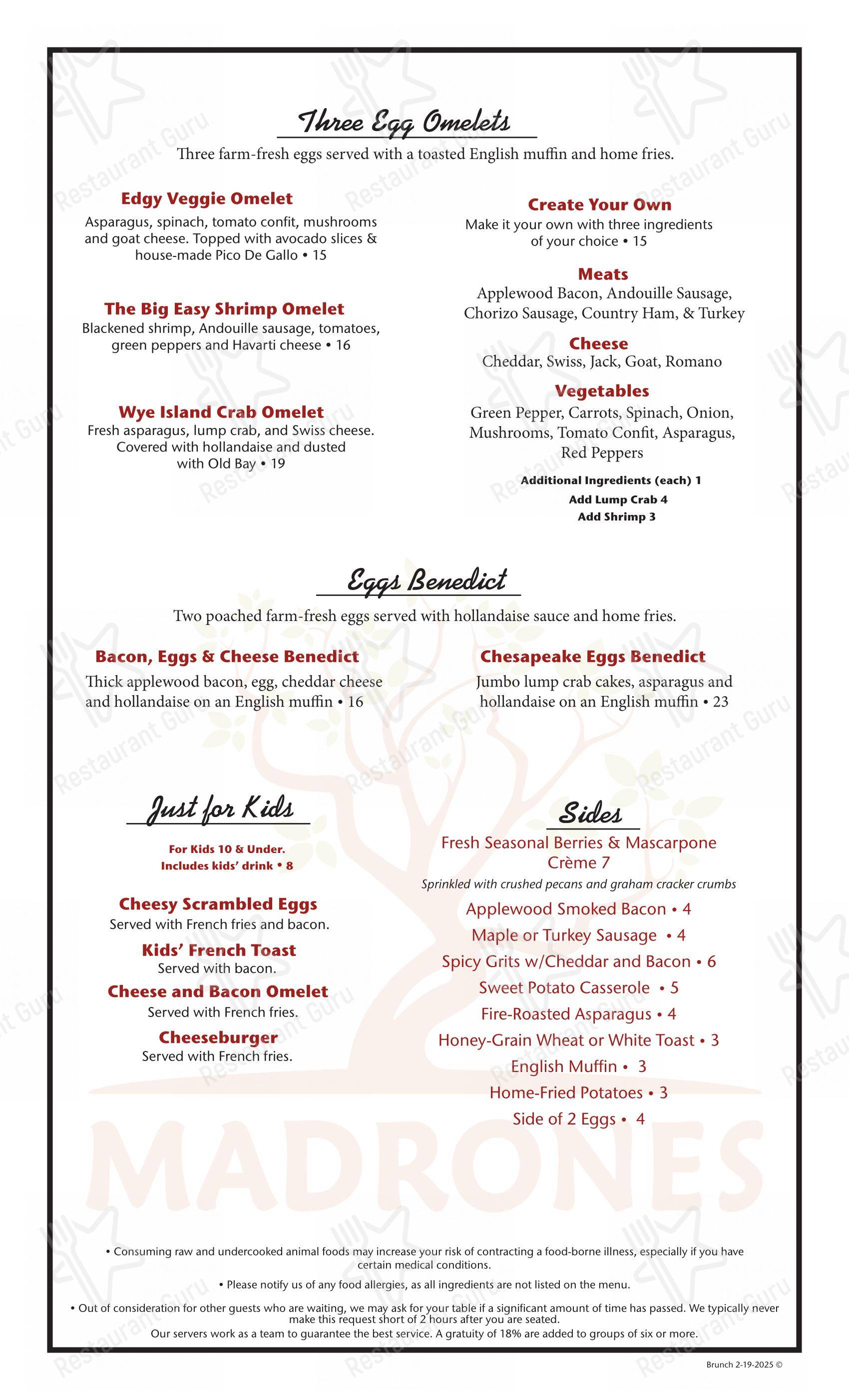 Menu at Madrones pub & bar, Frederick, Wormans Mill Rd
