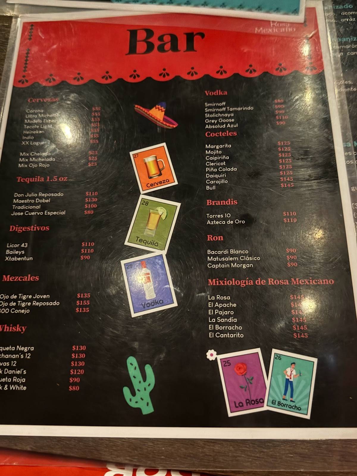 Menu at Rosa Mexicano restaurant, Merida