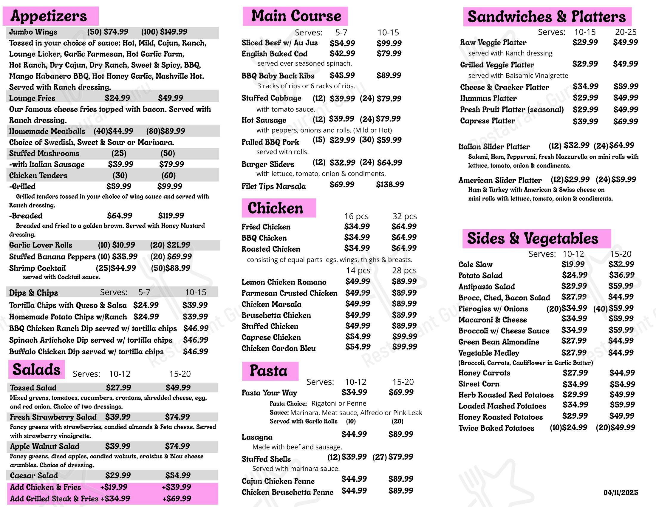 Menu at North Park Lounge Richland pub & bar, Gibsonia
