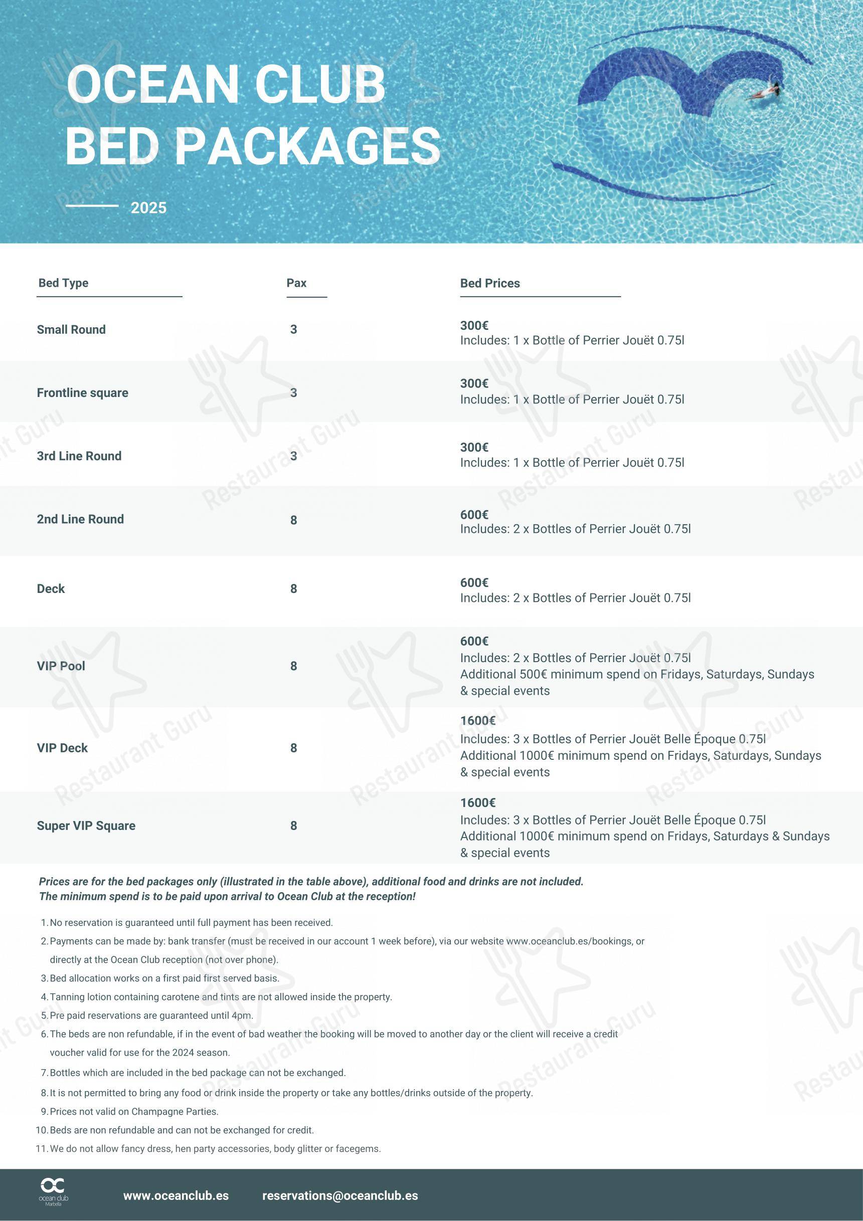 Menu at Ocean Club Marbella, Marbella, Av. de Lola Flores