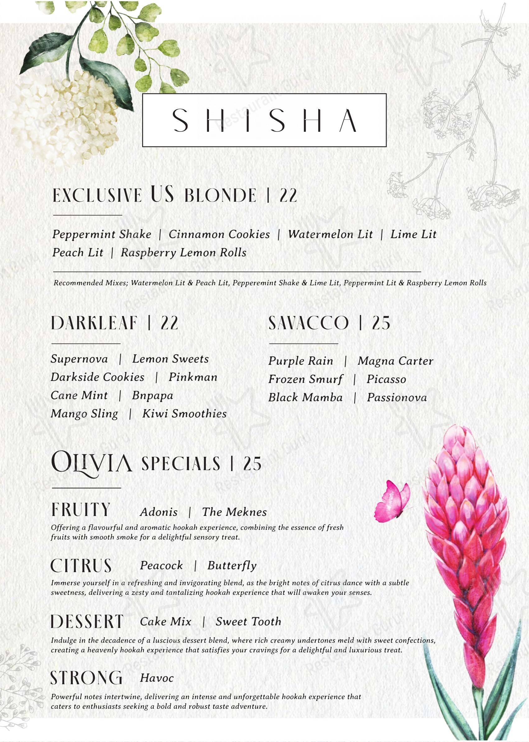 Menu at Olivia Gardens restaurant, Bradford