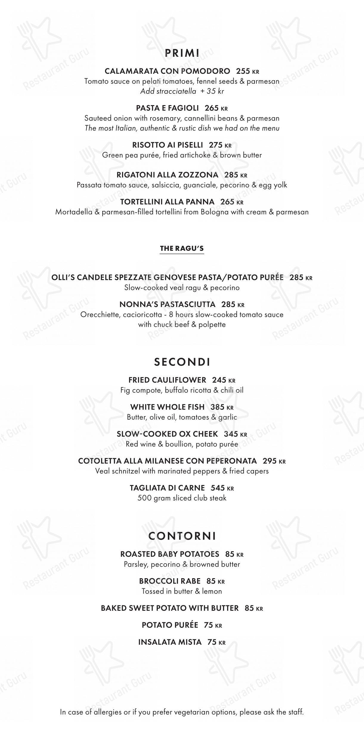 Menu at Olli Ristorante restaurant, Stockholm