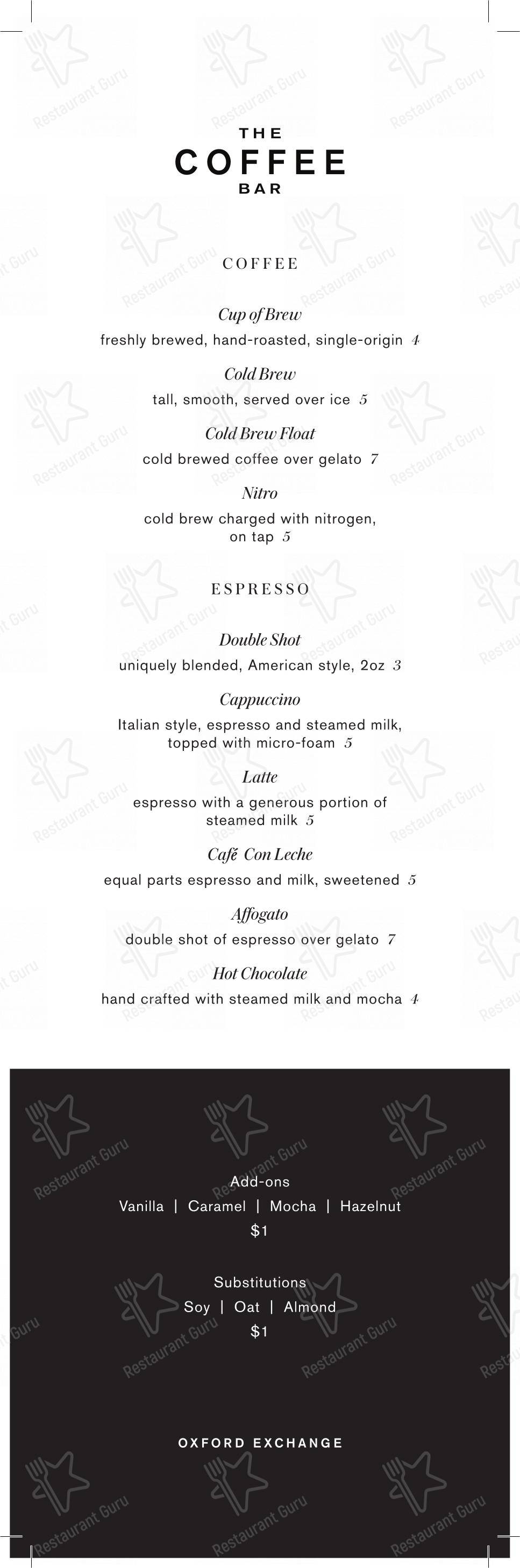 Menu at Oxford Exchange restaurant, Tampa