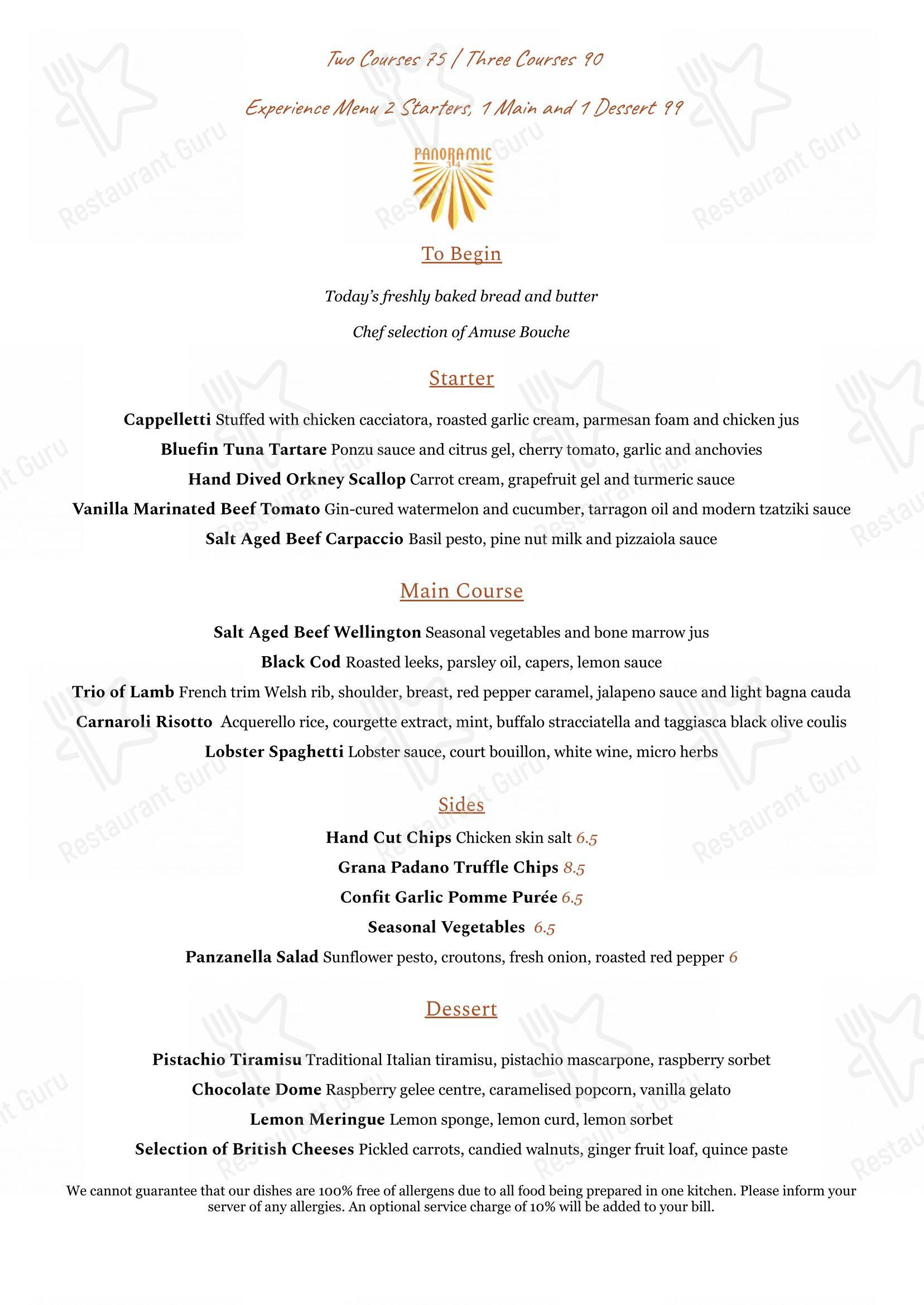Menu at Panoramic 34 restaurant, Liverpool