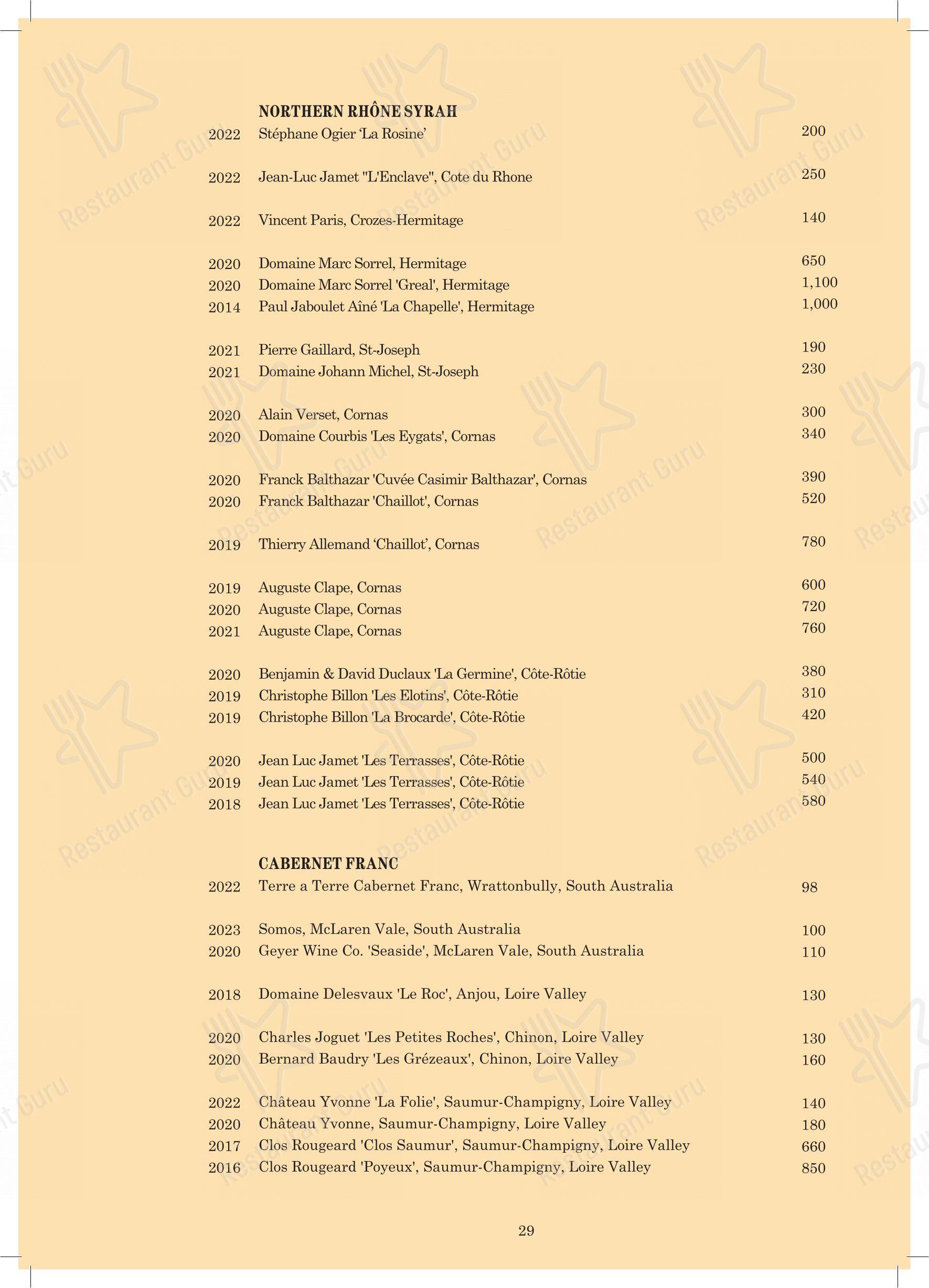 Menu at Restaurant Hubert, Sydney