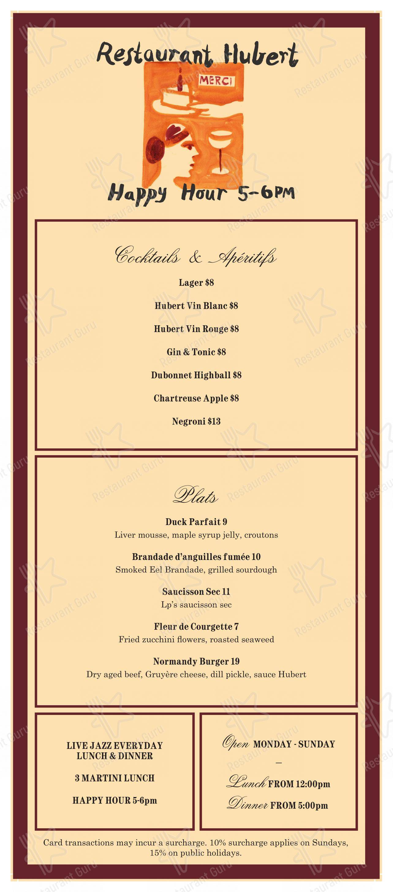 Menu at Restaurant Hubert, Sydney