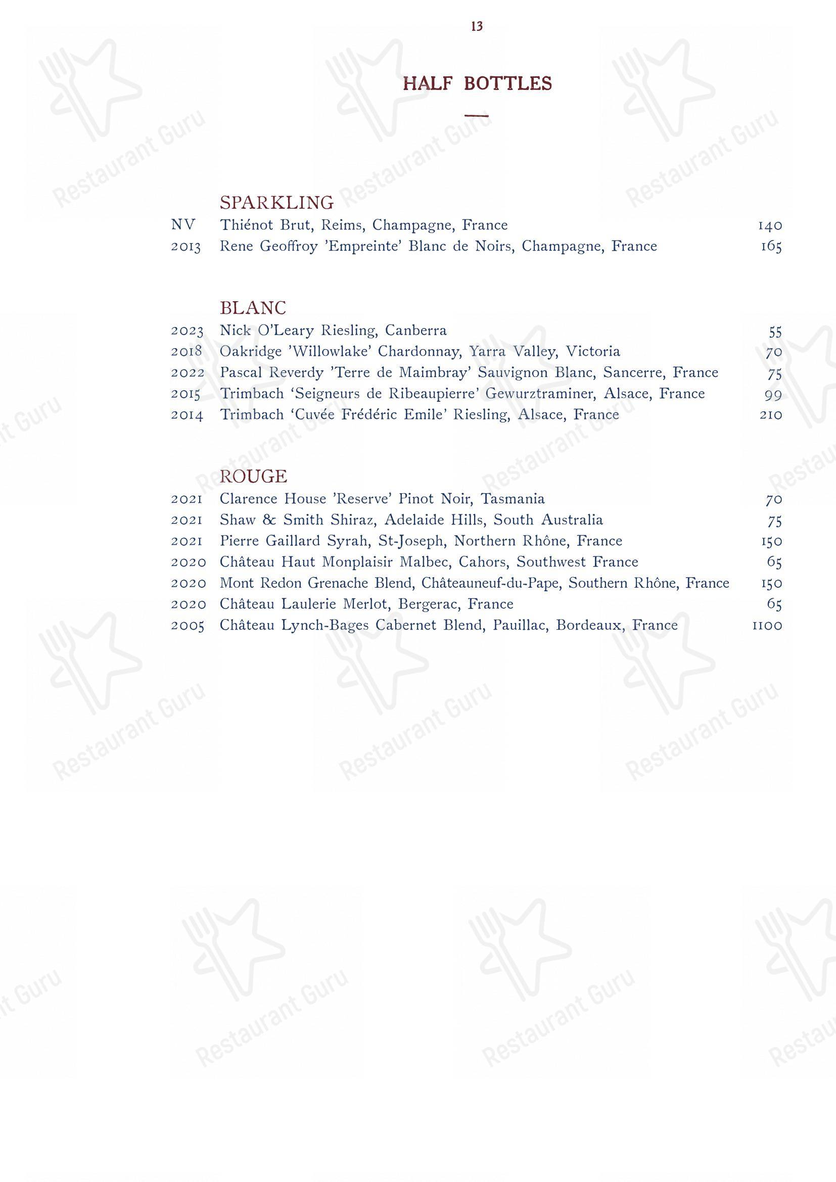 Menu at Restaurant Hubert, Sydney