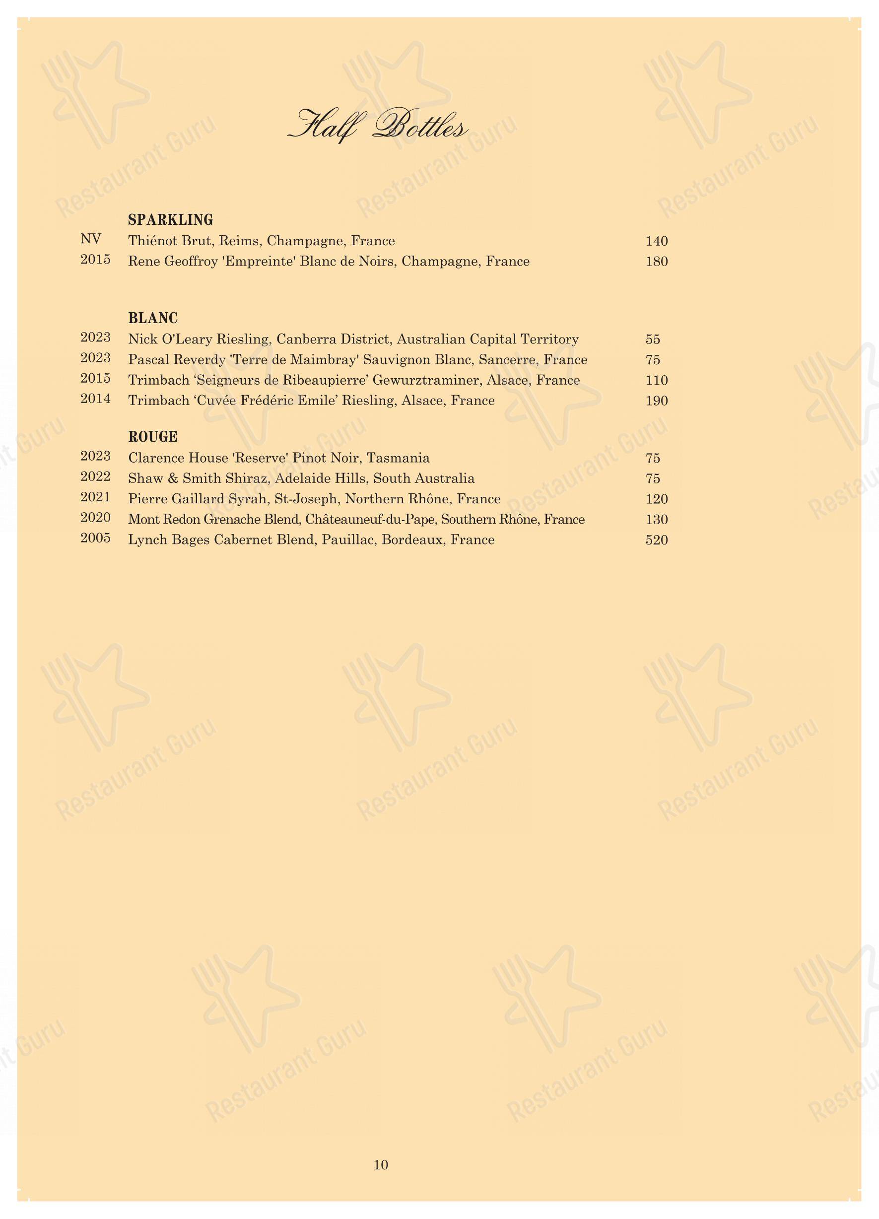 Menu at Restaurant Hubert, Sydney