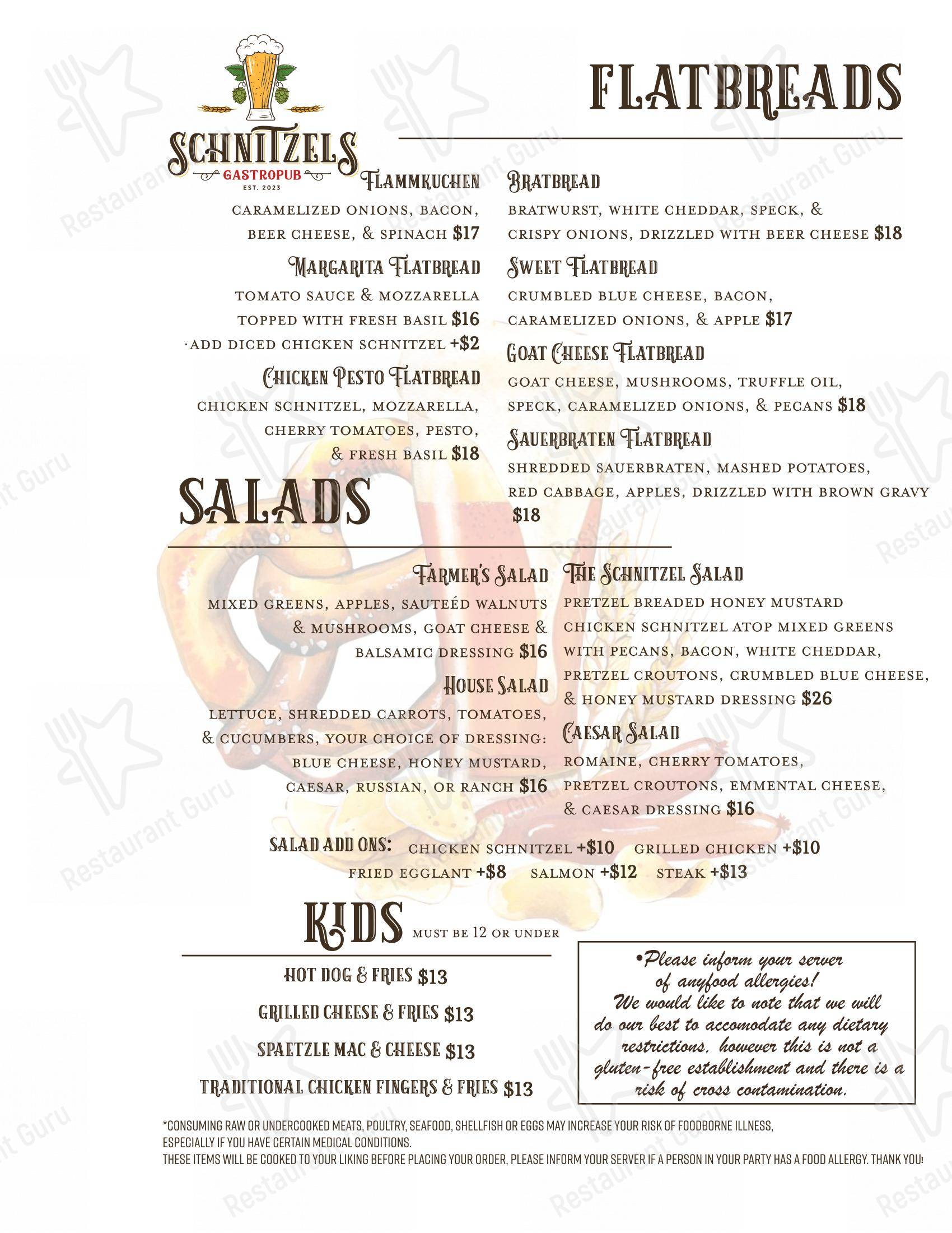 Menu at Schnitzels pub & bar, Stony Brook