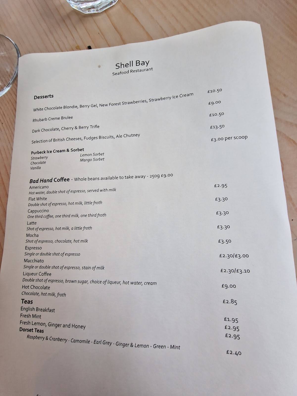 Menu at Shell Bay Seafood Restaurant, England