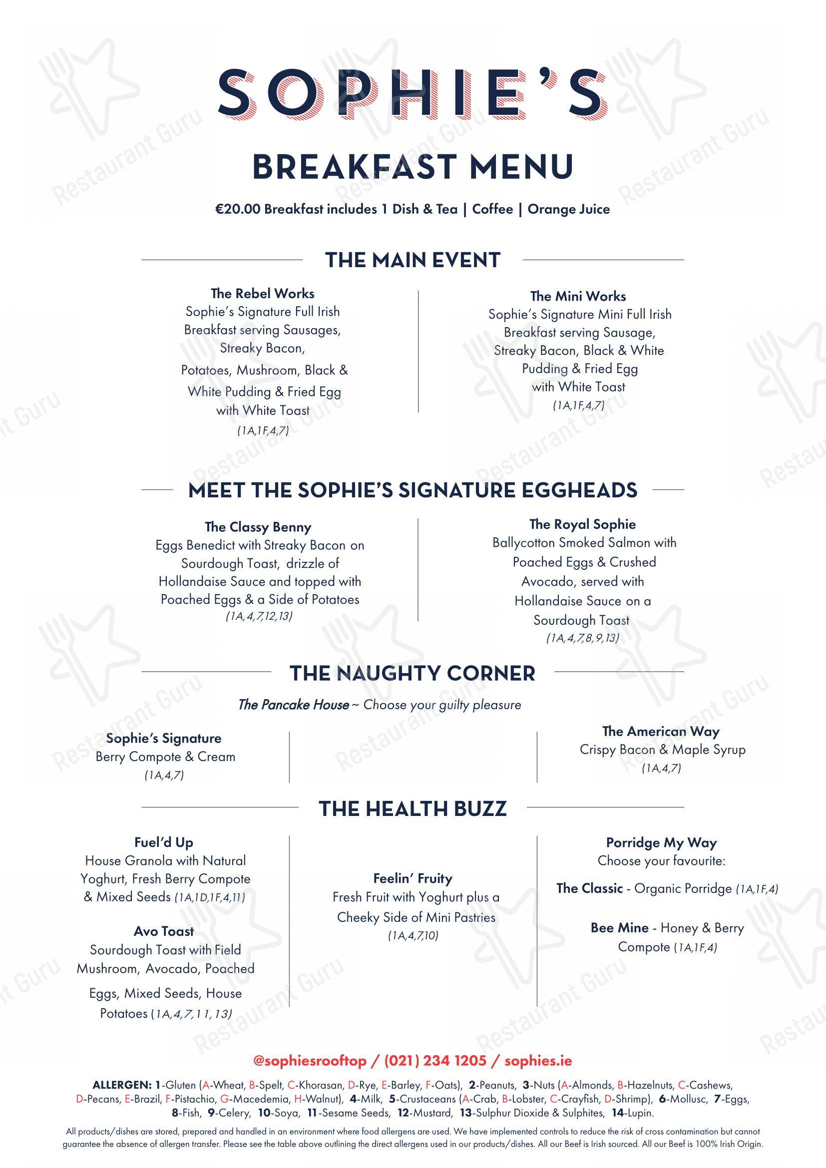 Menu at Sophie’s Rooftop Restaurant, Terrace & Bar, Dublin