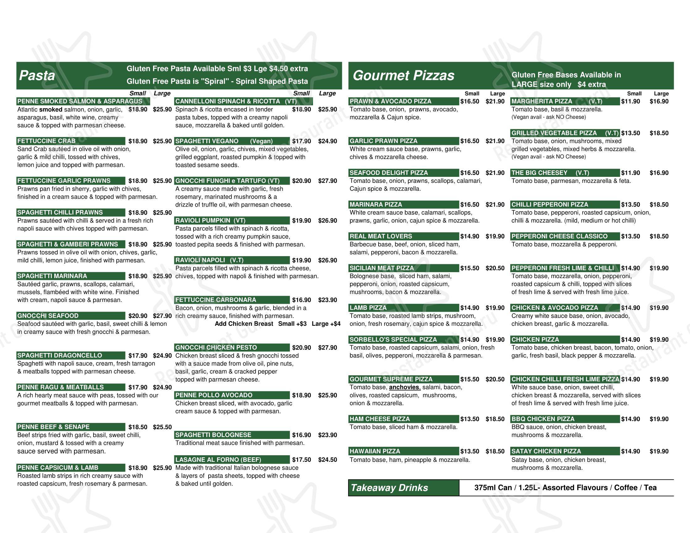 Menu at Sorbellos Italian Restaurant, Mackay, 166 Victoria Street