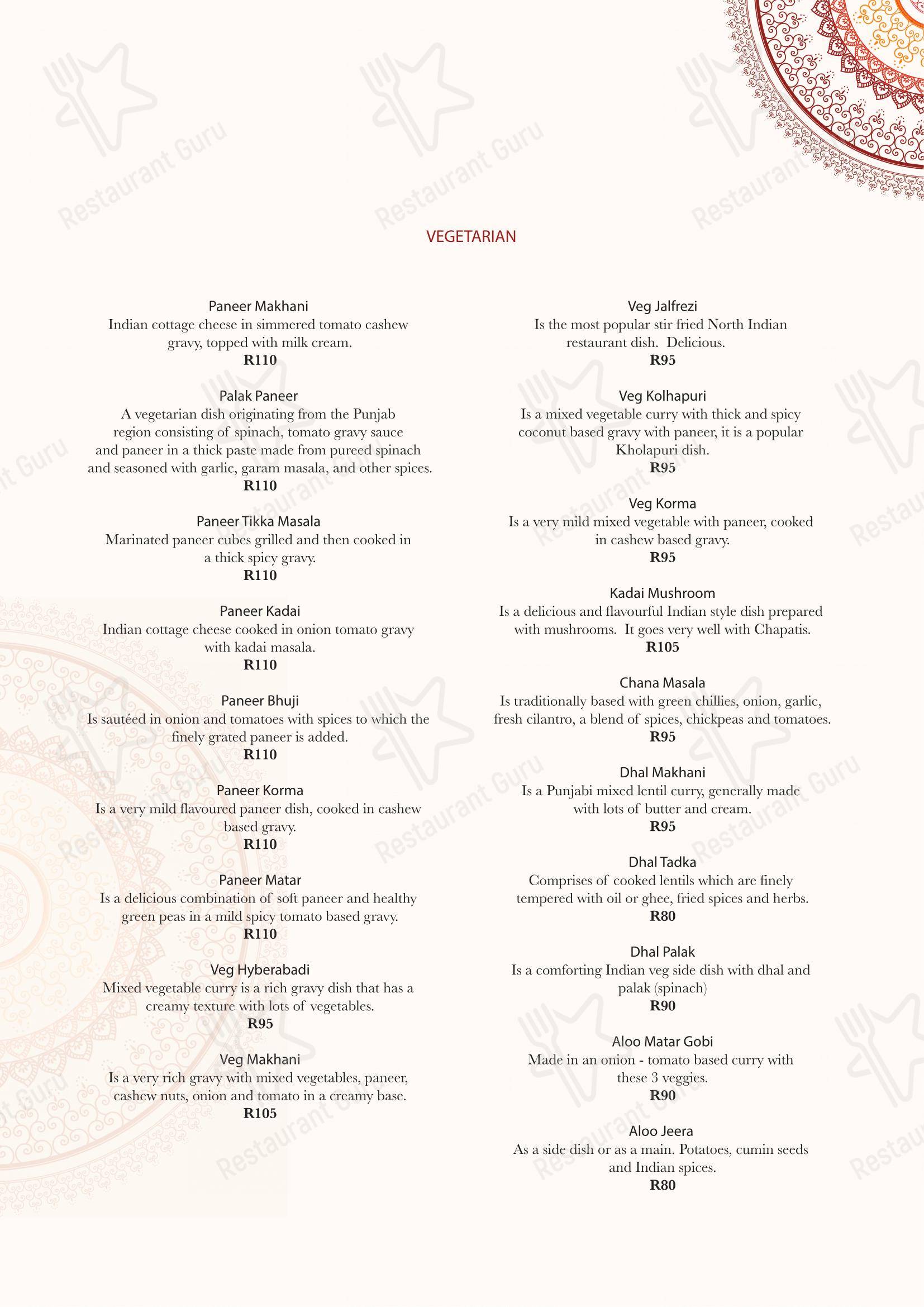 Menu at THE INCREDIBLE INDIA restaurant, Umhlanga