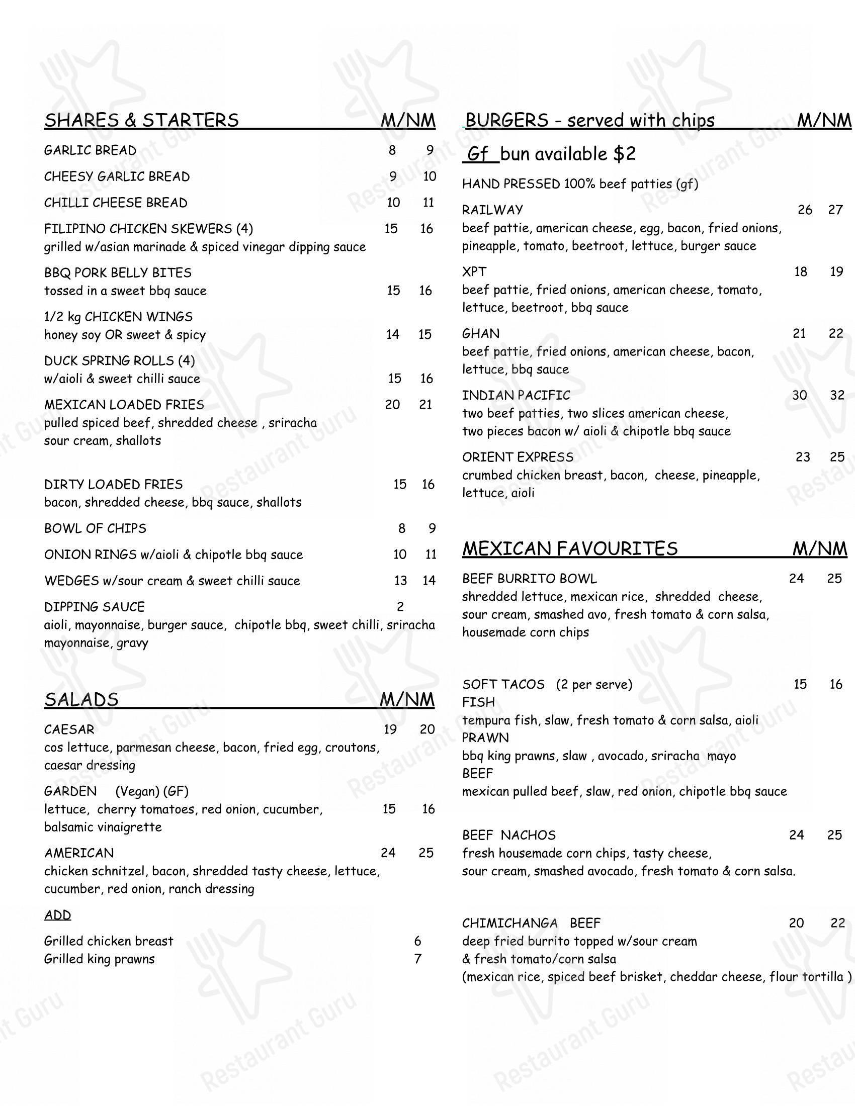 Menu at Taree Railway Bowling Club, Taree