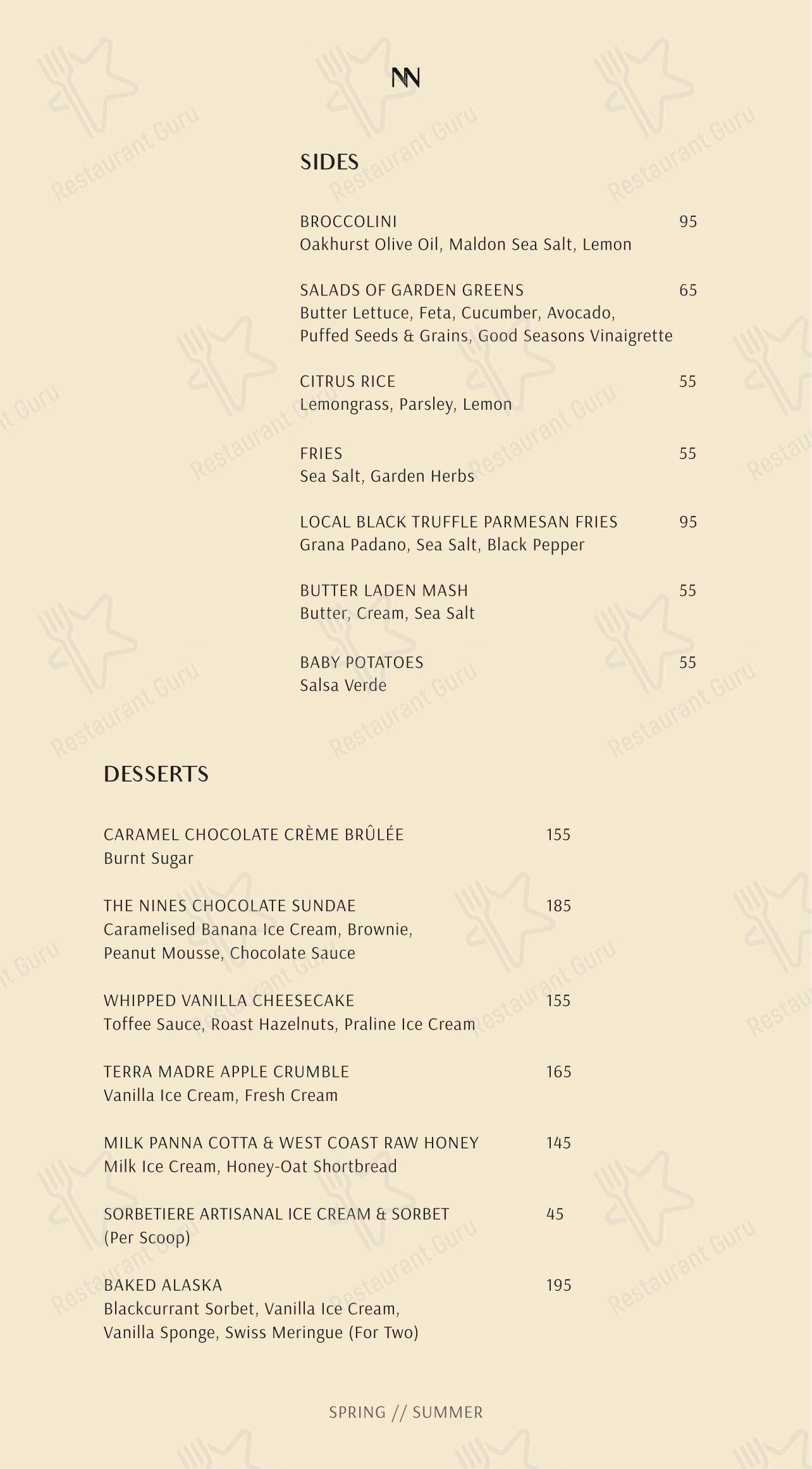 Menu at The Nines restaurant, Cape Town