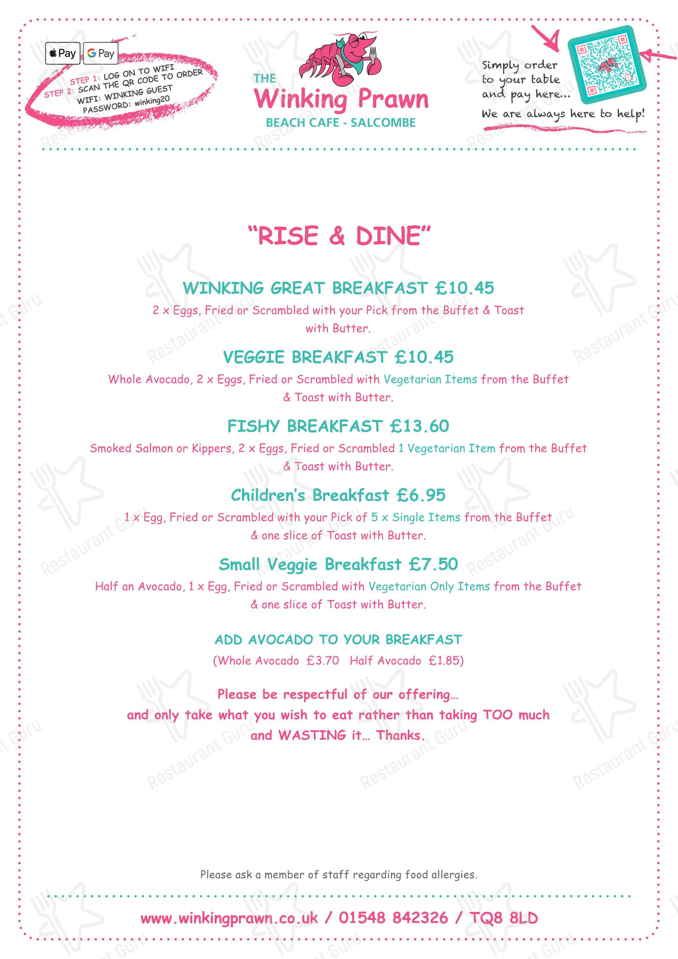 Menu at The Winking Prawn restaurant, Salcombe