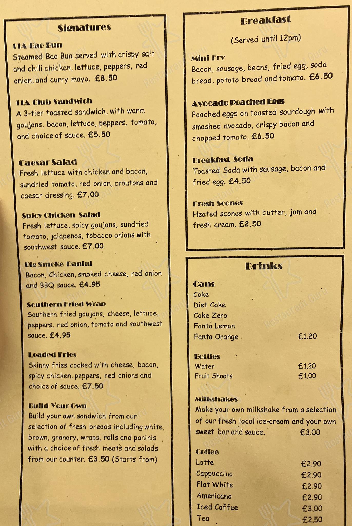 Menu at 11a Café cafe, Crossgar