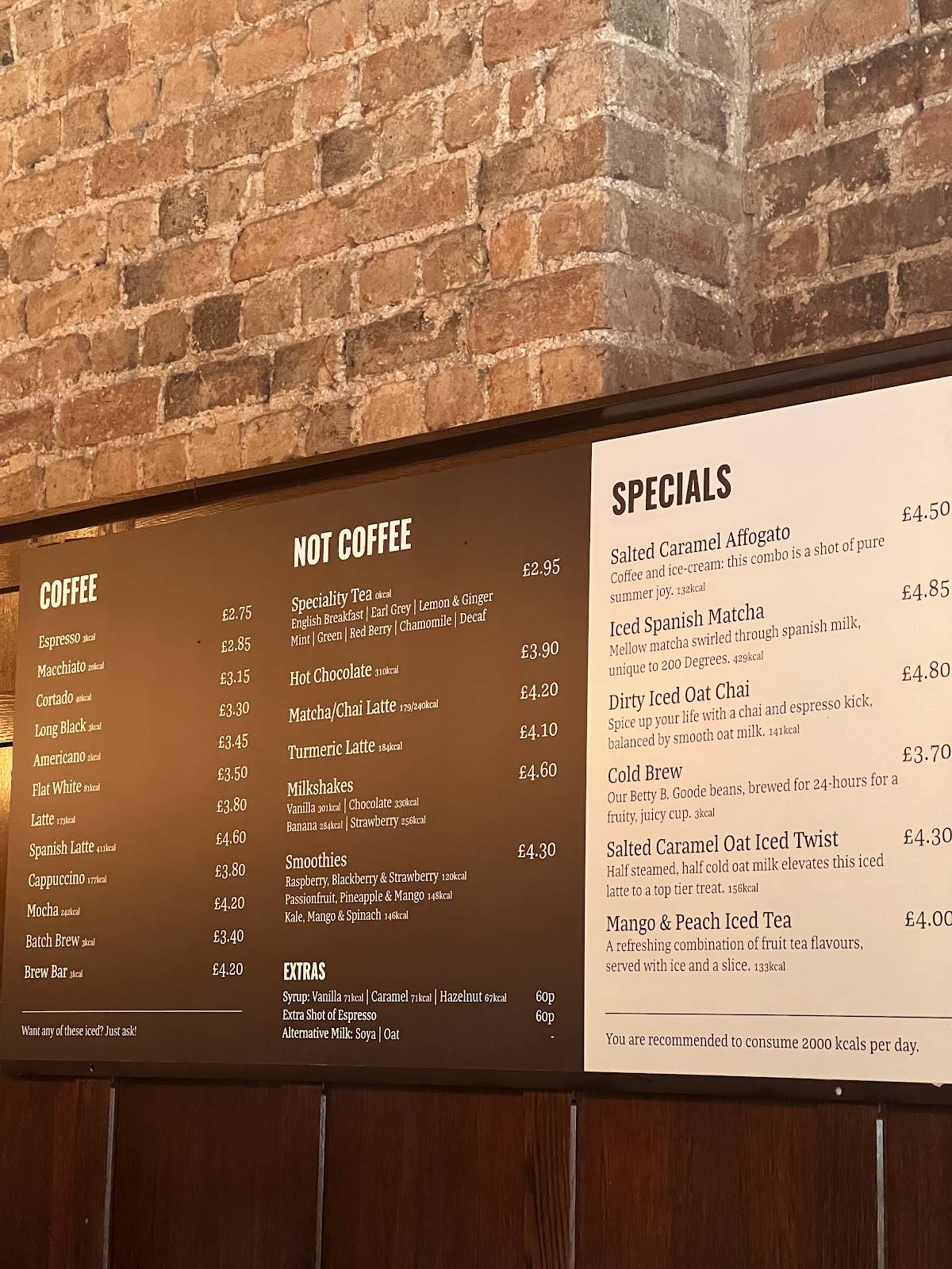 Menu at 200 Degrees Coffee Shop & Barista School, Birmingham, 21 ...