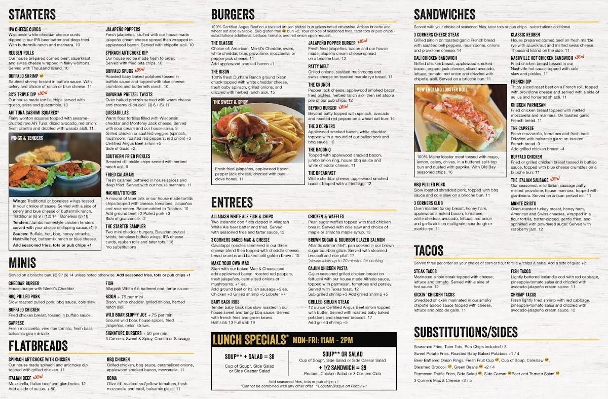 Menu at 3 Corners Grill & Tap pub & bar, Lemont