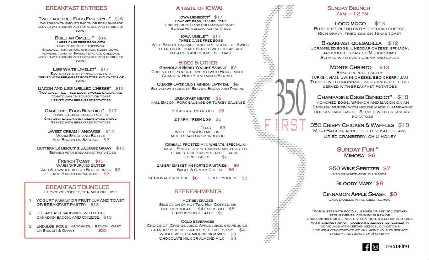 Menu at 350 First pub & bar, Cedar Rapids