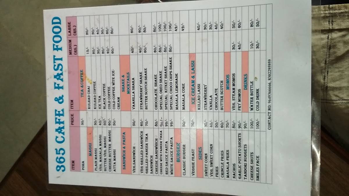 Menu at 365 Cafe & Fast Food, Jaipur