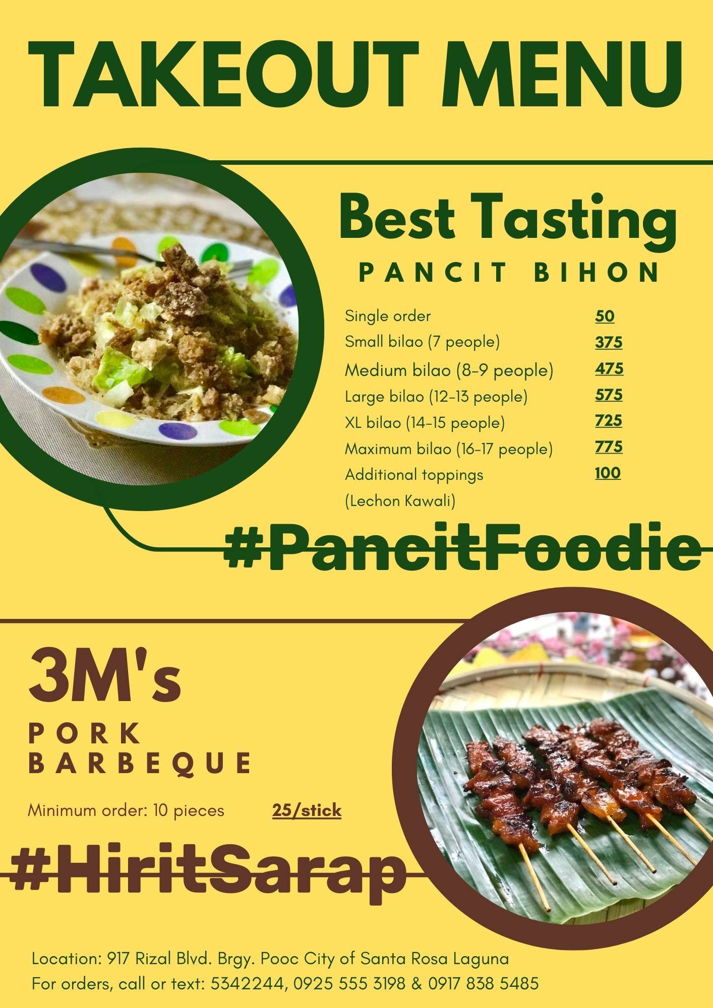 Menu at 3M's Pansit restaurant, Santa Rosa