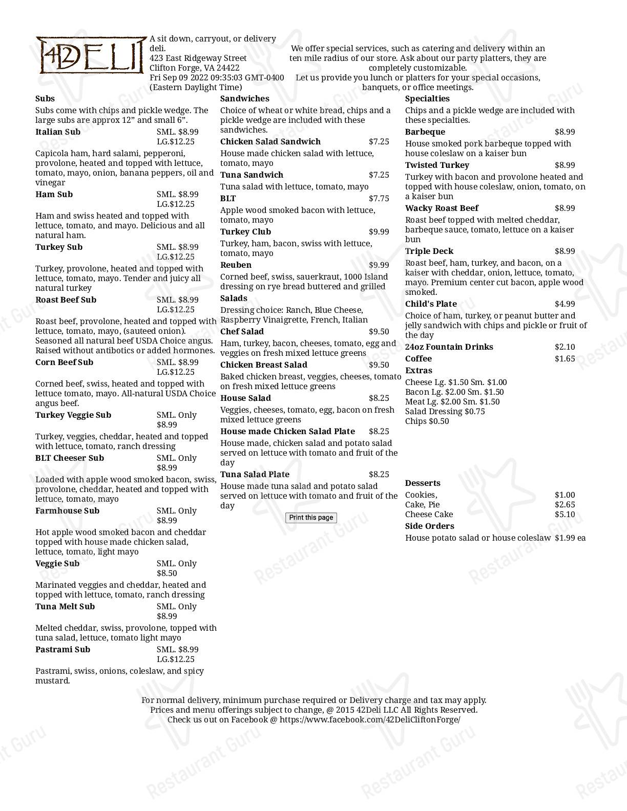 Menu at 42Deli restaurant, Clifton Forge