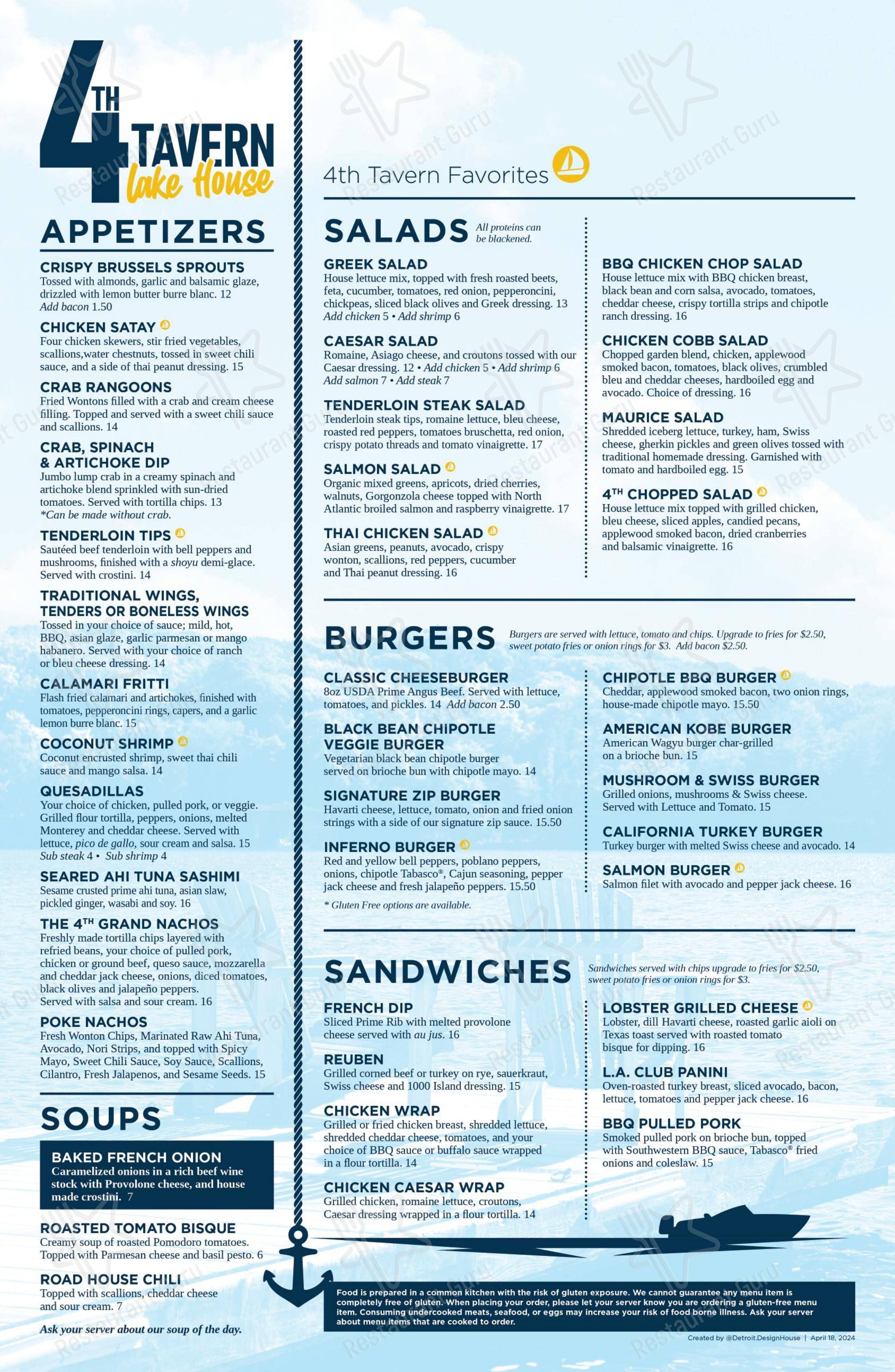 Menu at 4th Tavern Lakehouse pub & bar, Waterford Township
